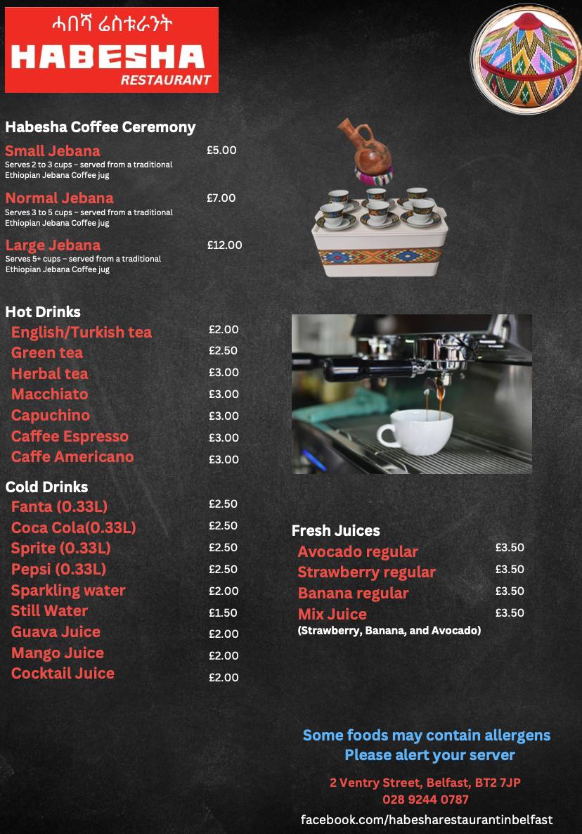 Menu at Habesha Restaurant Belfast East African food (Eritrea&Ethiopia ...