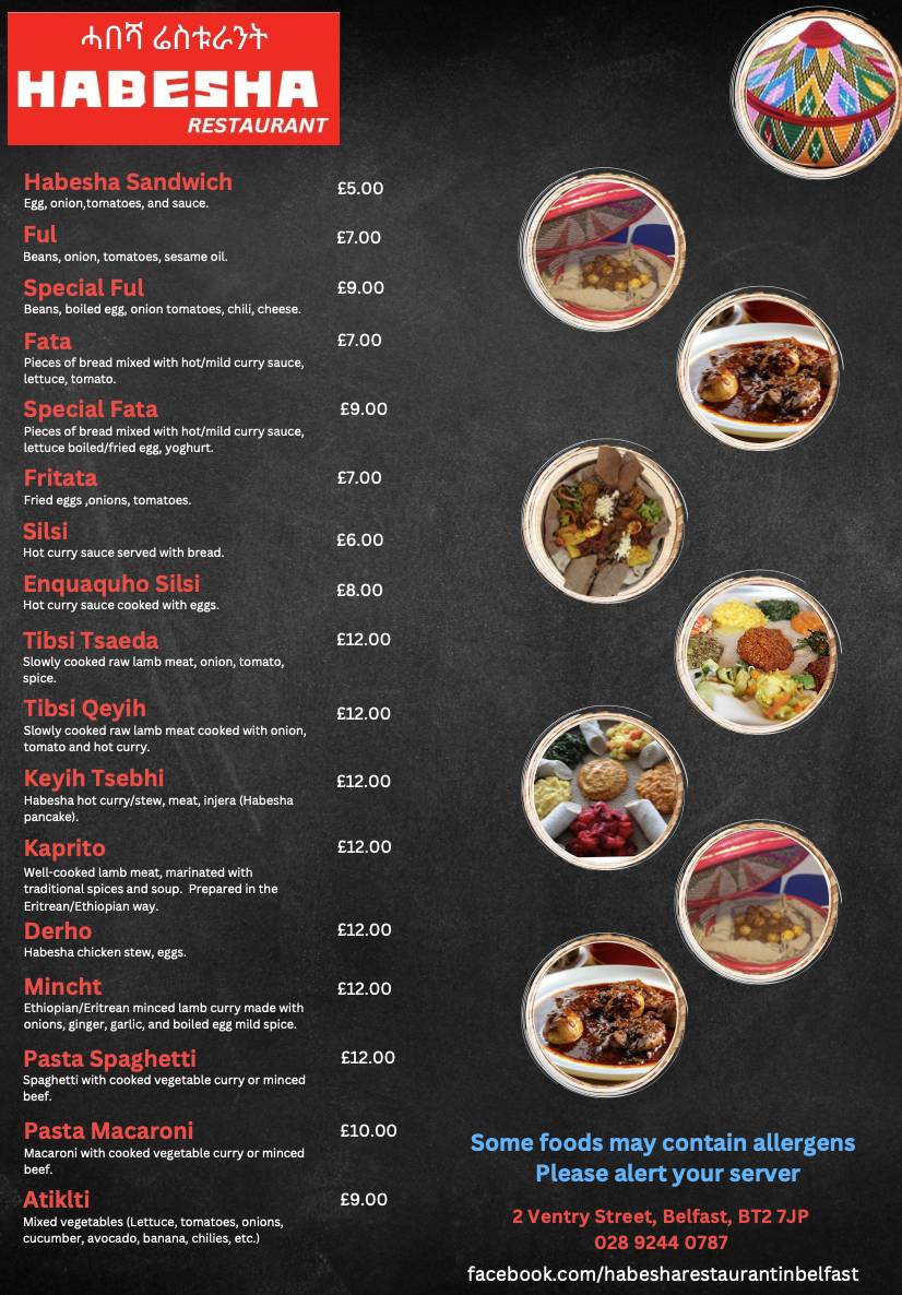 Menu at Habesha Restaurant Belfast East African food (Eritrea&Ethiopia ...