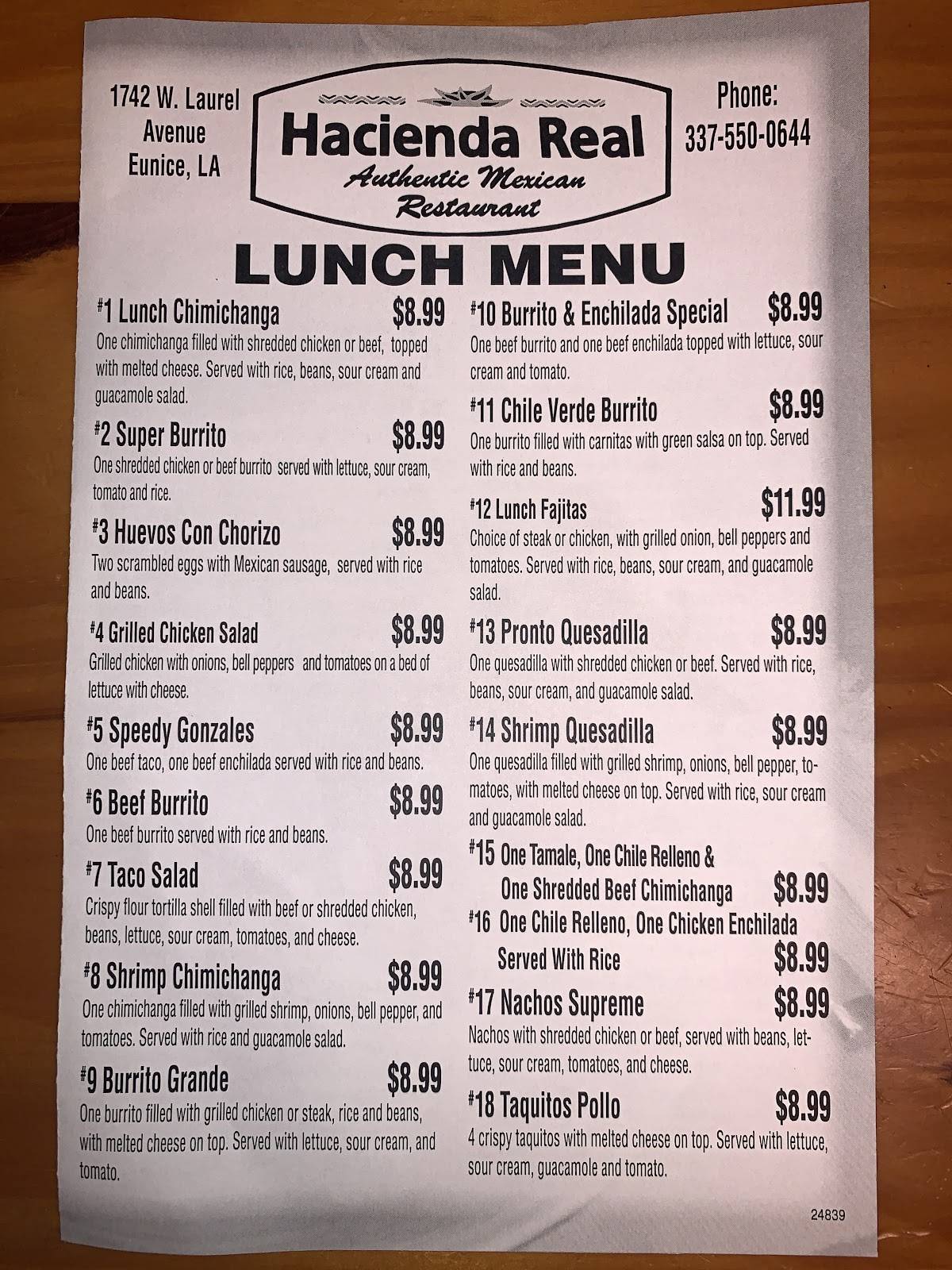 Menu at Hacienda Real restaurant, Eunice