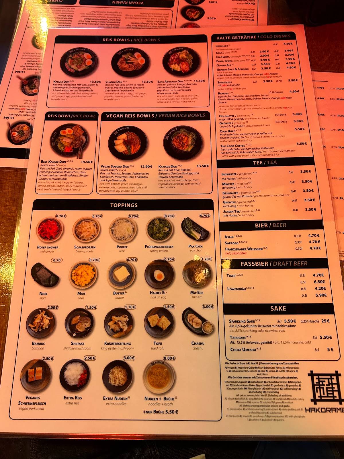 Menu at Hako Ramen Kreuzberg restaurant, Berlin, Bergmannstraße 11