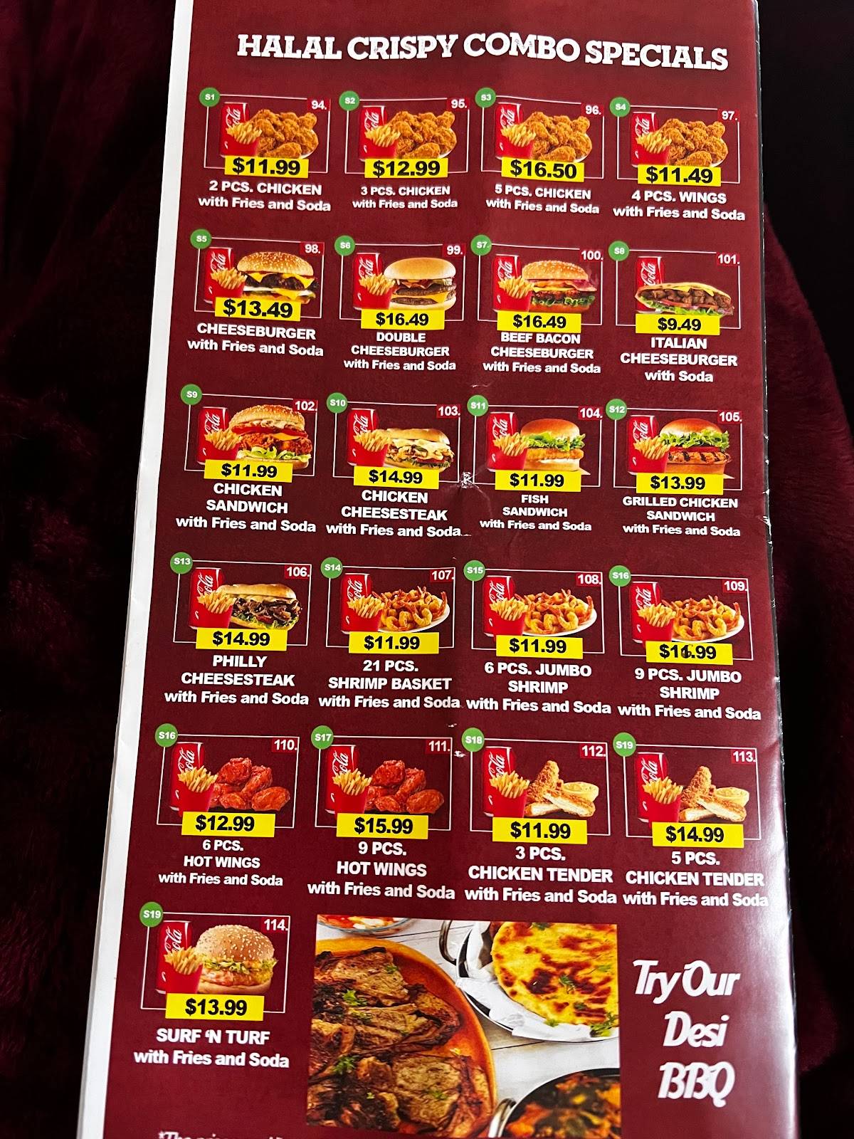 Menu at Halal Crispy Chicken and Burgers Inc. restaurant, Manville