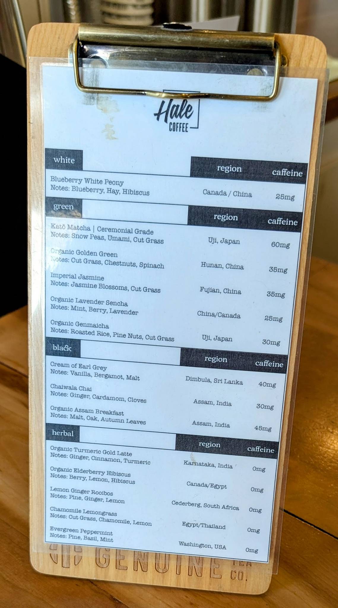 Menu at Hale Coffee Company cafe, Toronto, 300 Campbell Ave Unit #103
