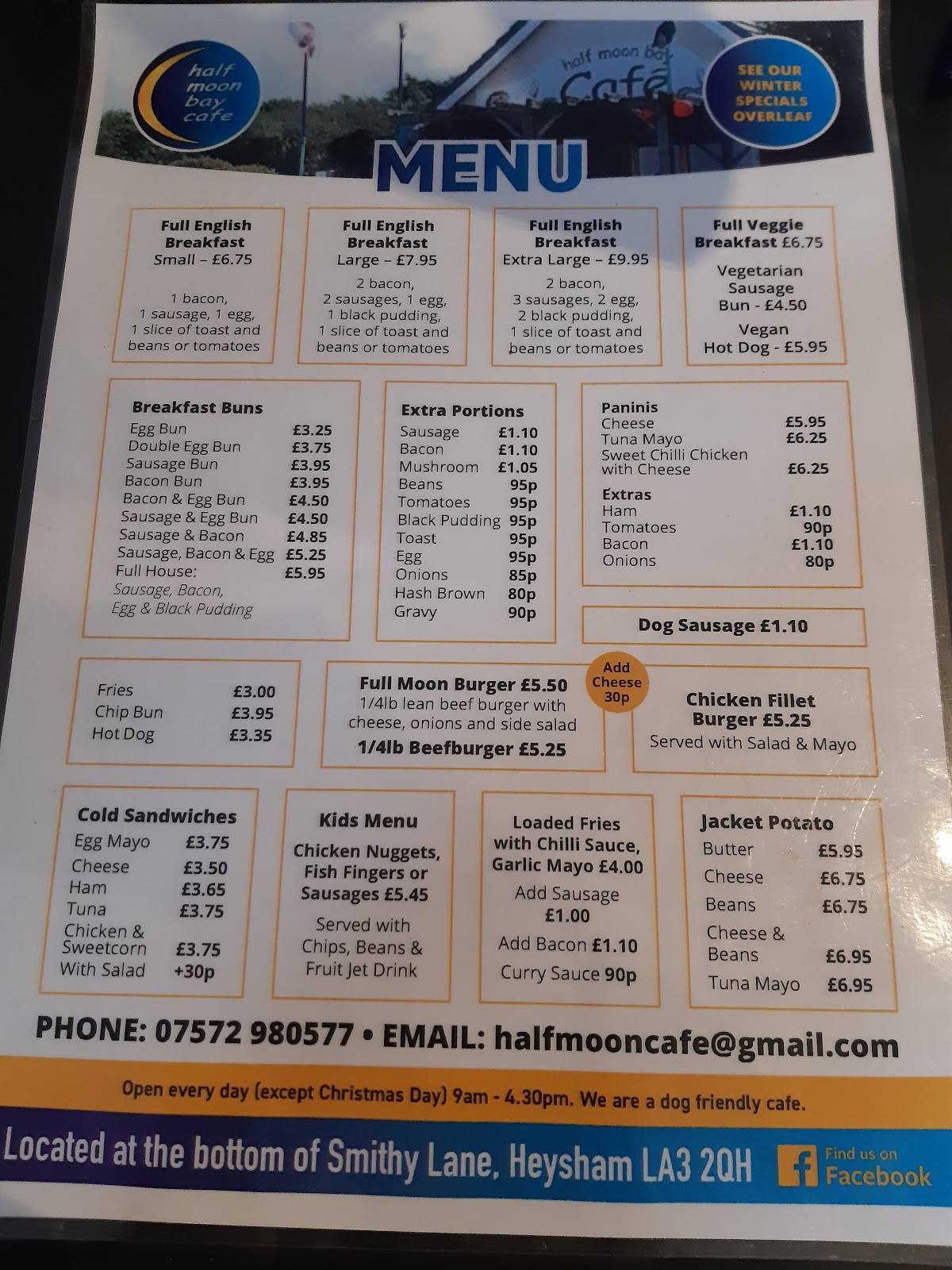 Menu at Half Moon Bay Cafe, Morecambe