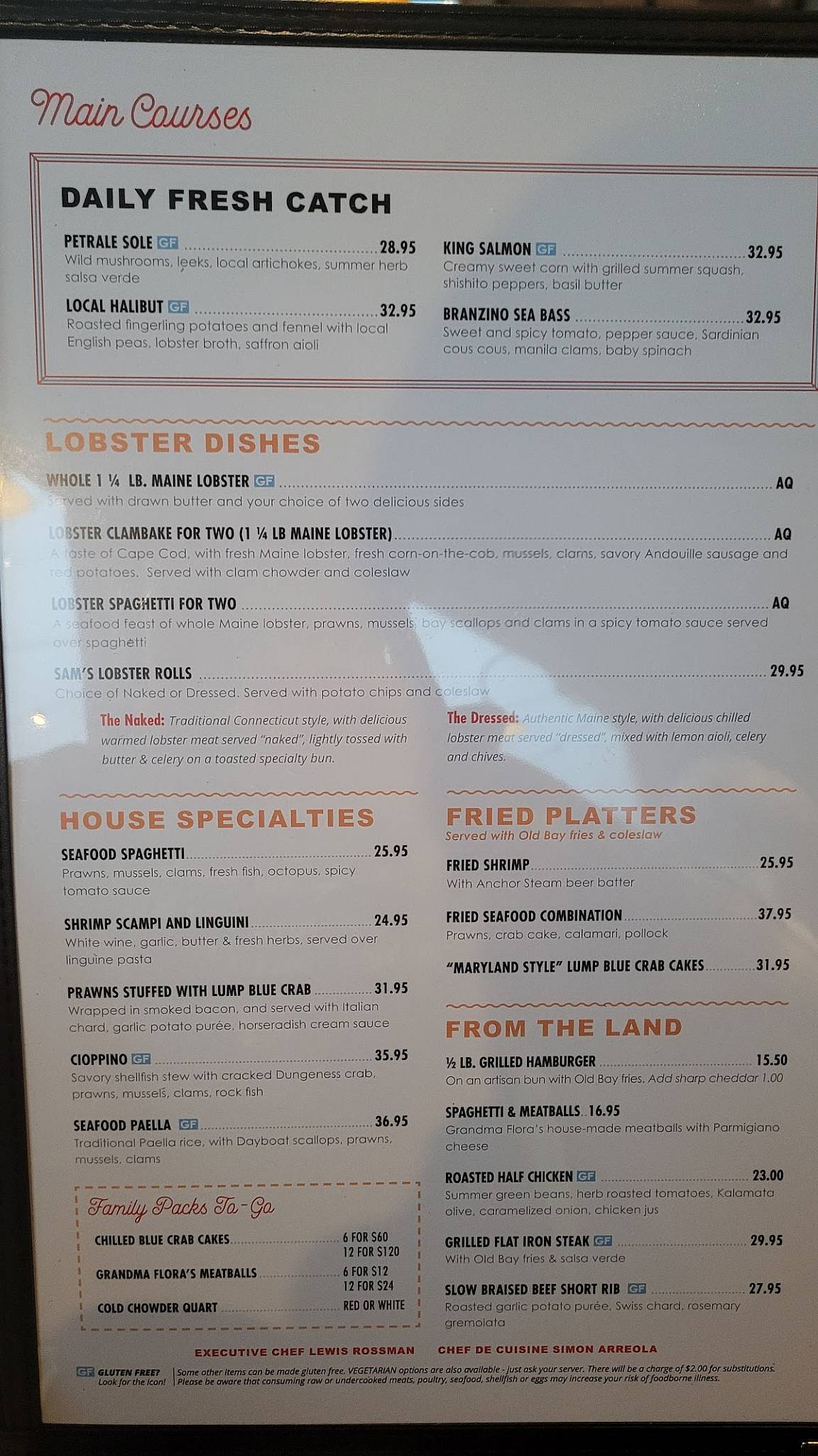 Menu at Sam's Chowder House restaurant, Half Moon Bay