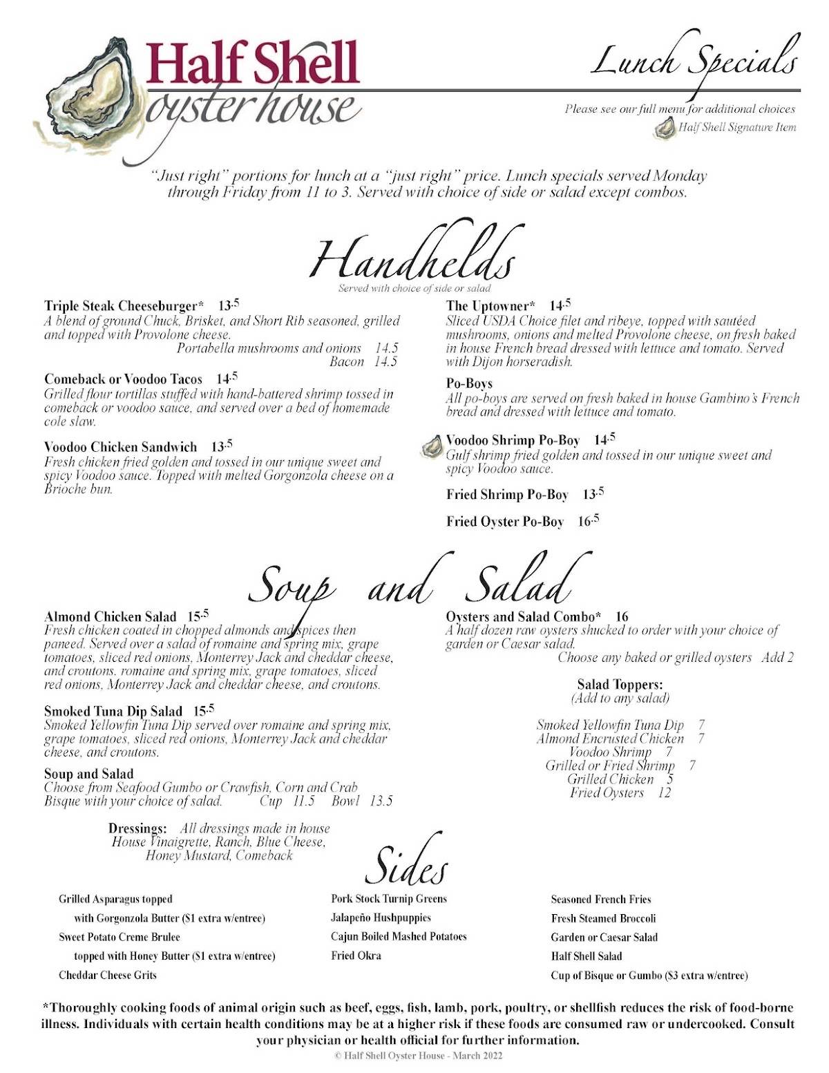 Menu at Half Shell Oyster House restaurant, Biloxi, 125 Lameuse St