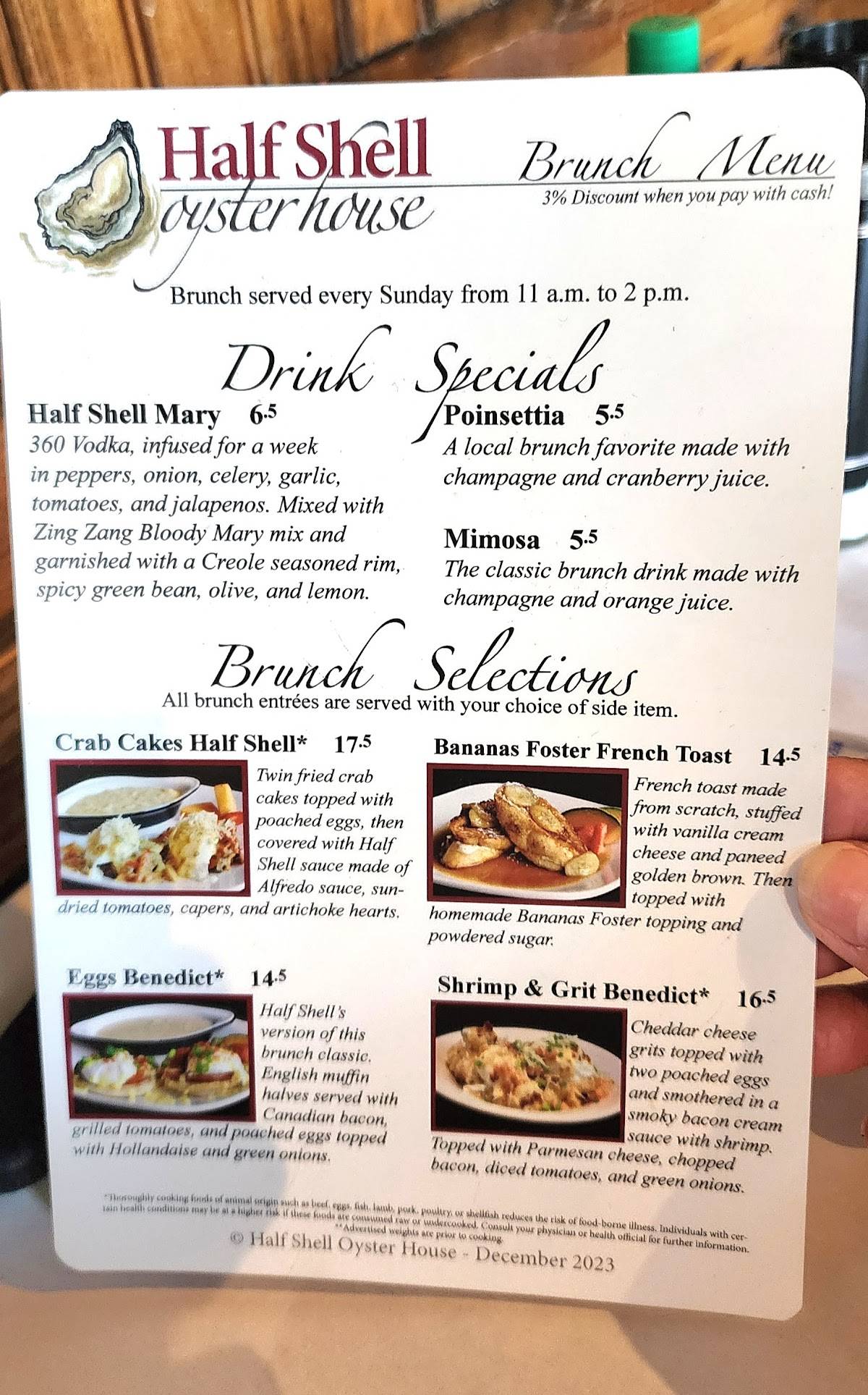 Menu at Half Shell Oyster House restaurant, Biloxi, 125 Lameuse St