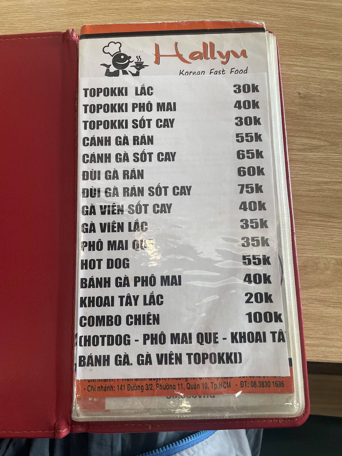 Menu at Hallyu Korean Fast Food, Ho Chi Minh City, 125 Trần Minh Quyền