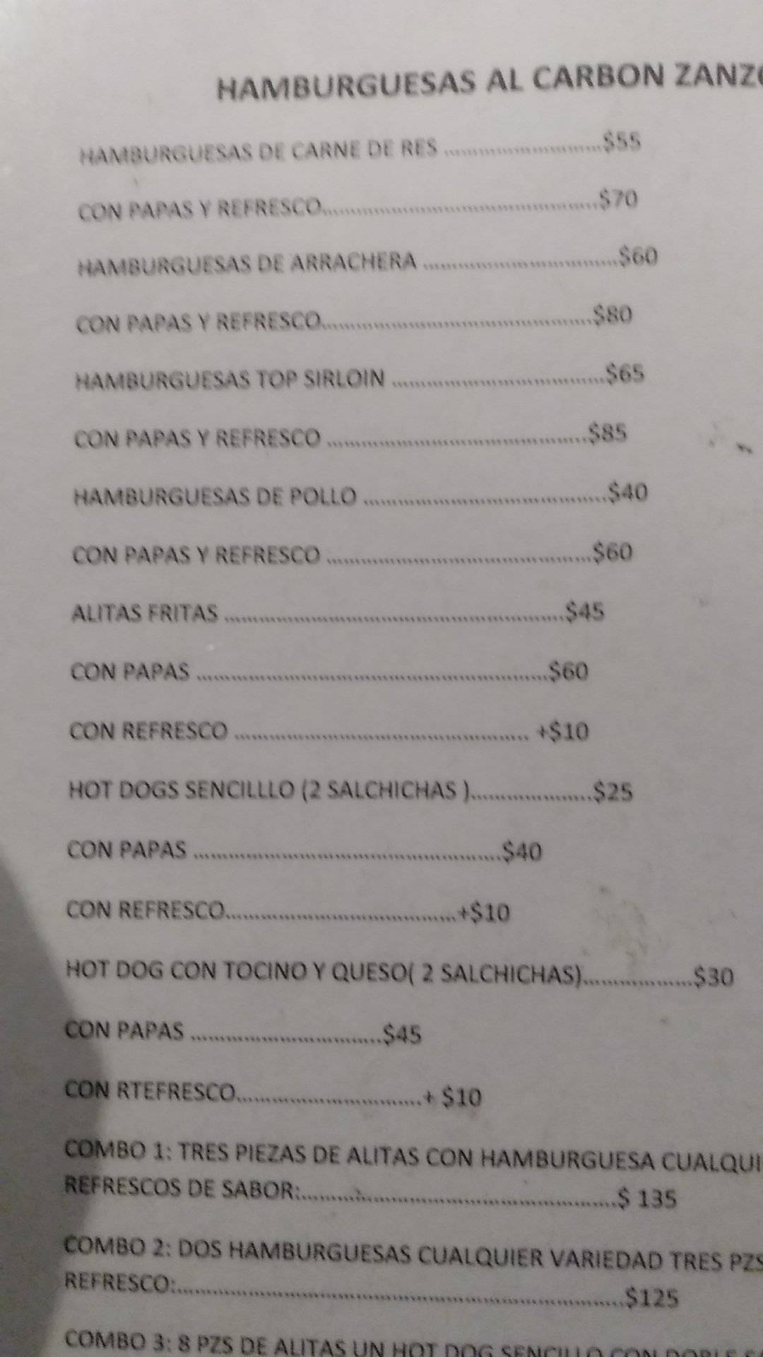 Carta del restaurante Hamburguesas Al Carbon Zanzon Y Rutila, Mexico