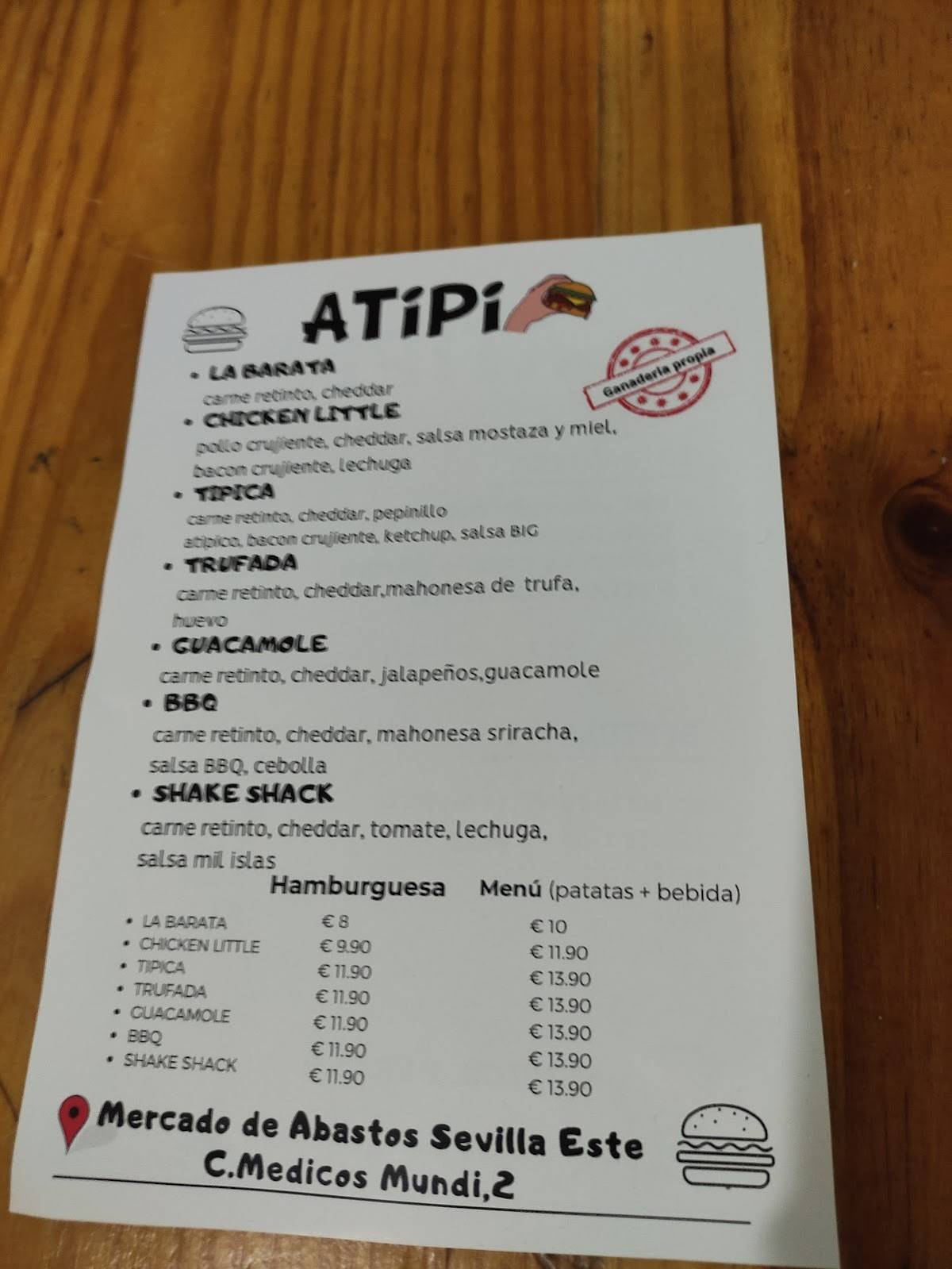 Carta del restaurante Hamburguesería Atípico Sevilla Este, Sevilla