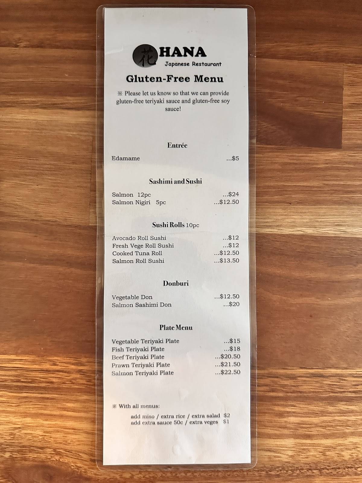 Menu at Hana Japanese Restaurant, Dunedin