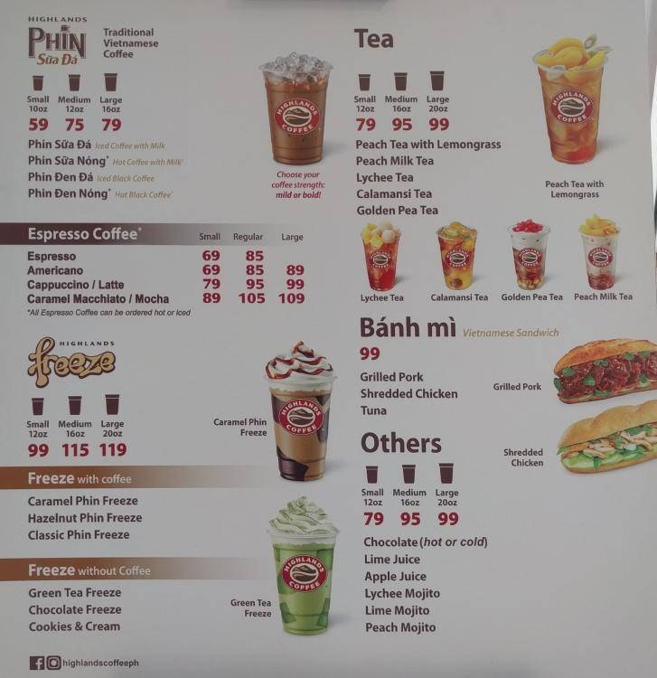 Menu at Highlands Coffee cafe, Hanoi, VinaFor Building