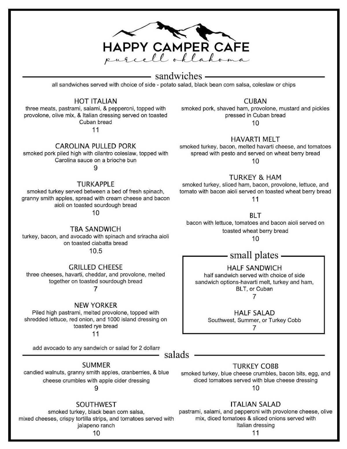 Menu at Happy Camper Cafe, Purcell