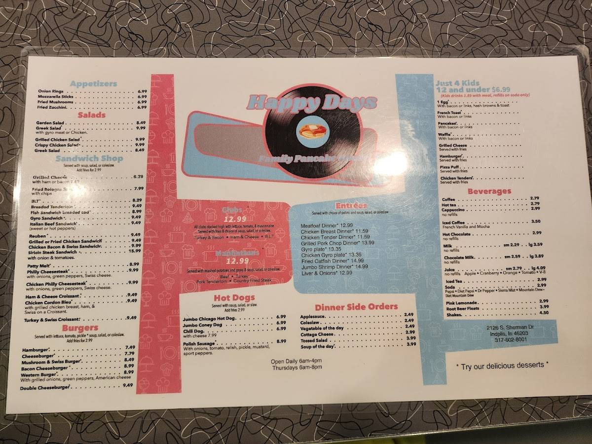 Menu at Happy Days Family Pancake House restaurant, Indianapolis