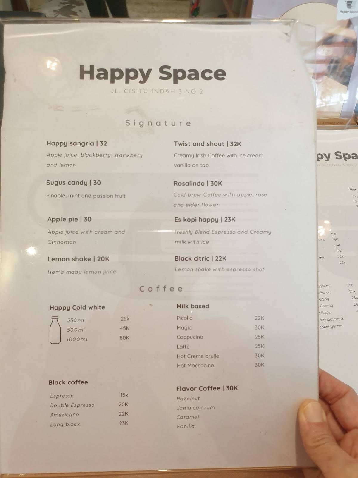 Carta de Happy Space Coffee, Bandung