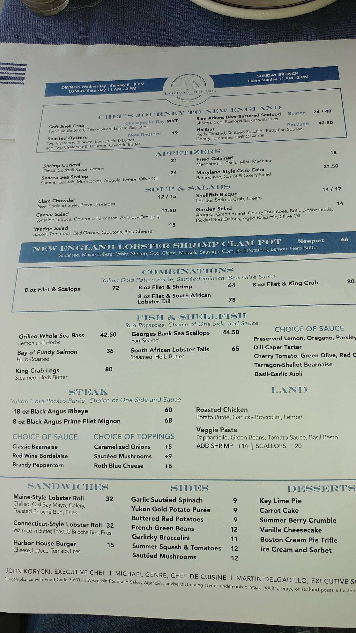 Menu at Harbor House restaurant, Milwaukee