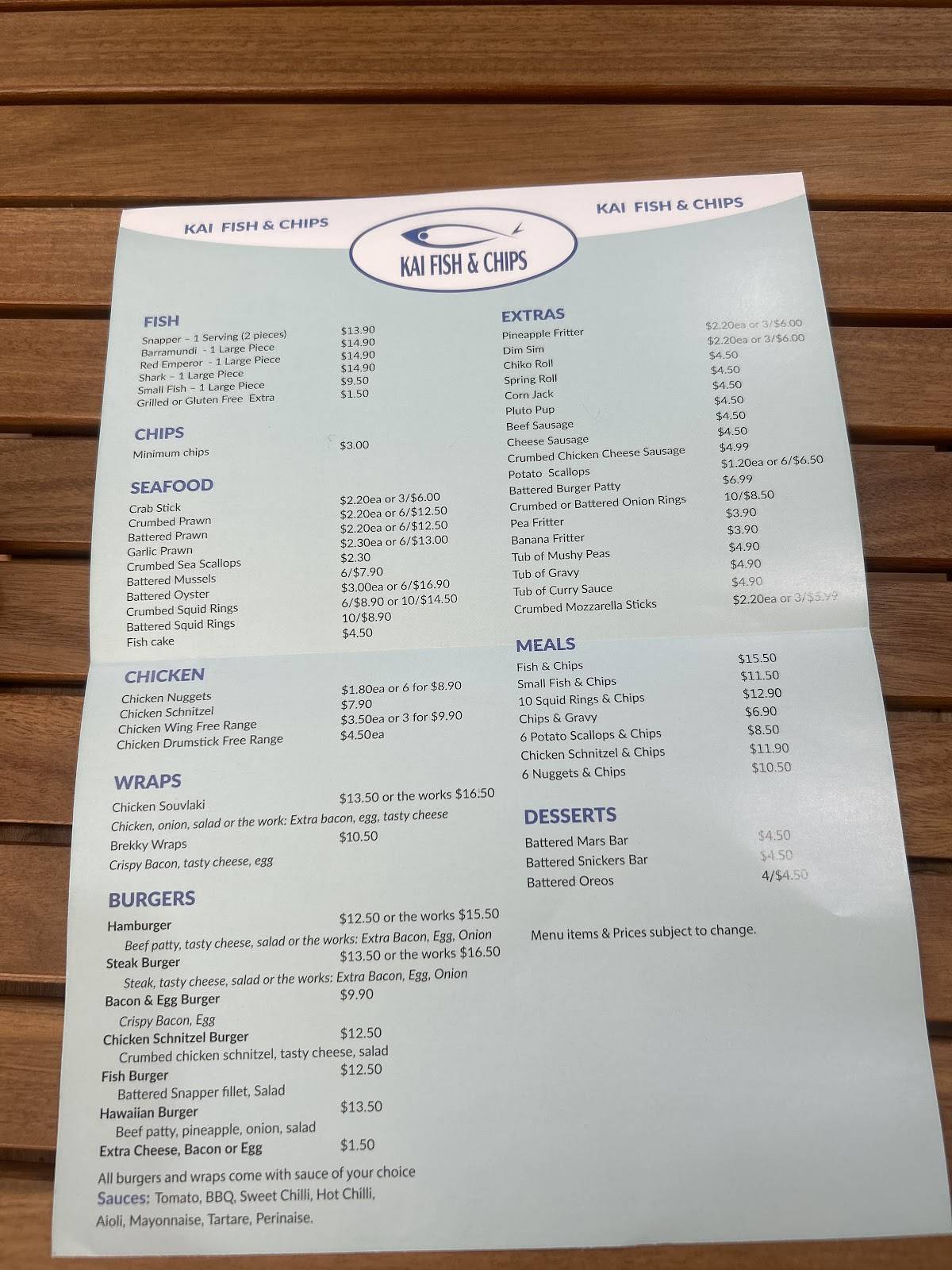 Menu at Kai Fish & Chips restaurant, Harrisdale
