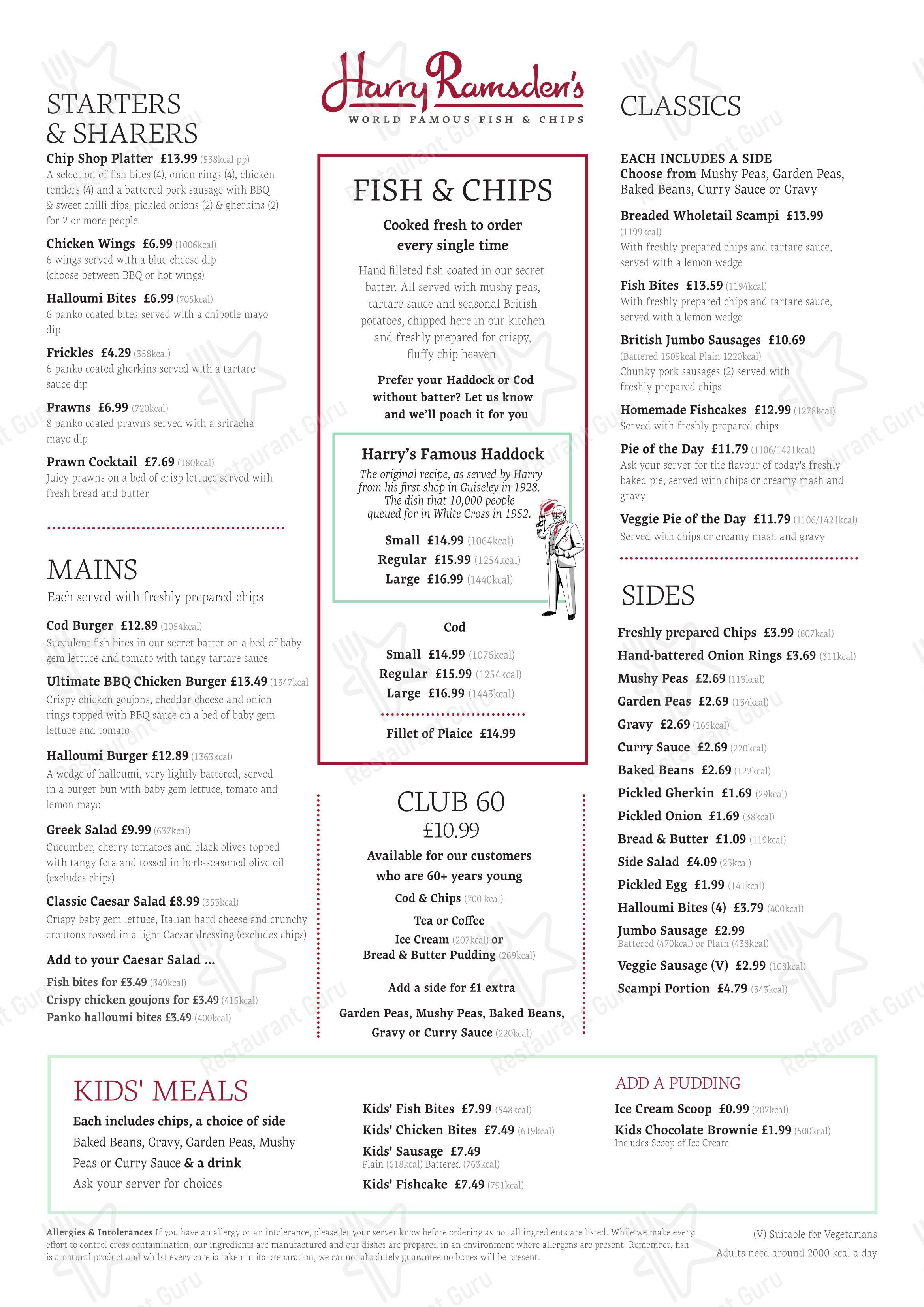 Menu at Harry Ramsden's fast food, Brighton