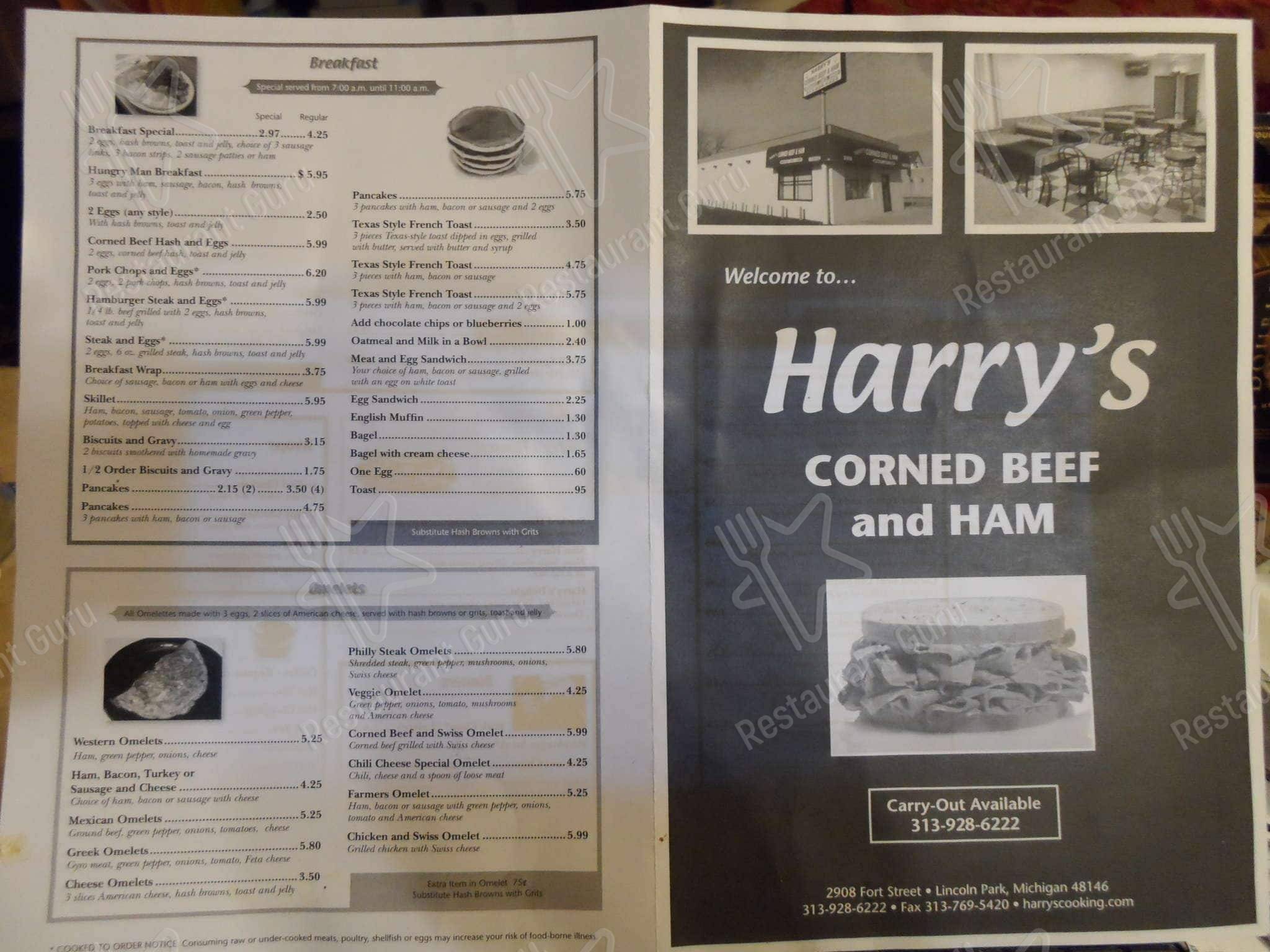 Menu at Harry's Corned Beef & Ham restaurant, Lincoln Park