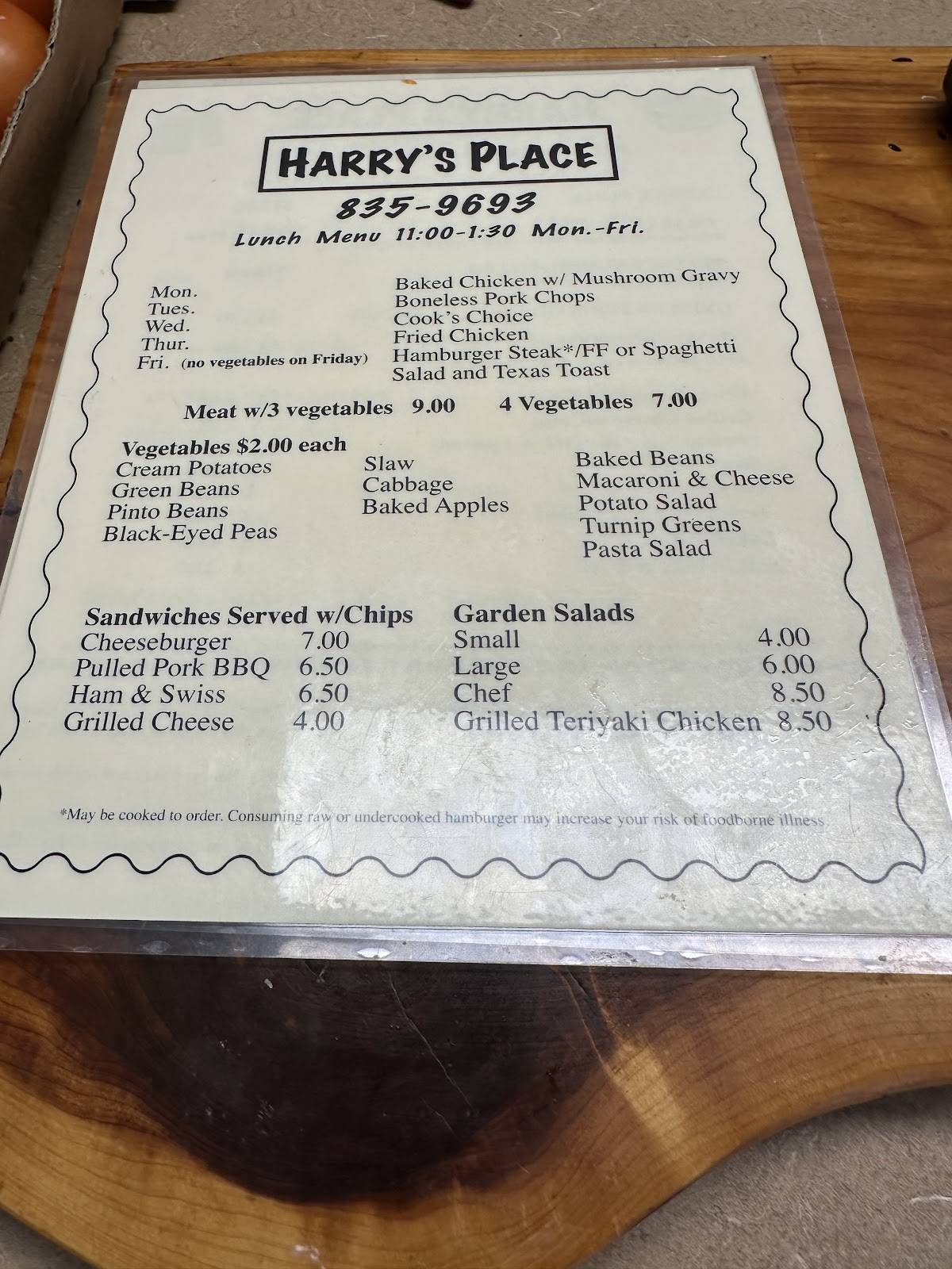 Menu at Harry's Place steakhouse, Elkin