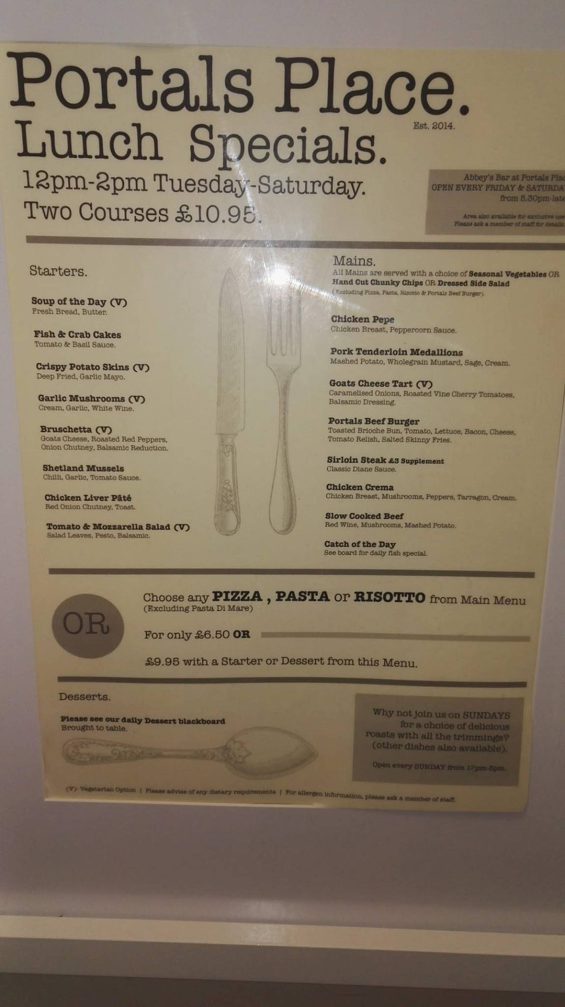 Menu at Portals Hartlepool restaurant, Hartlepool, Neptune House