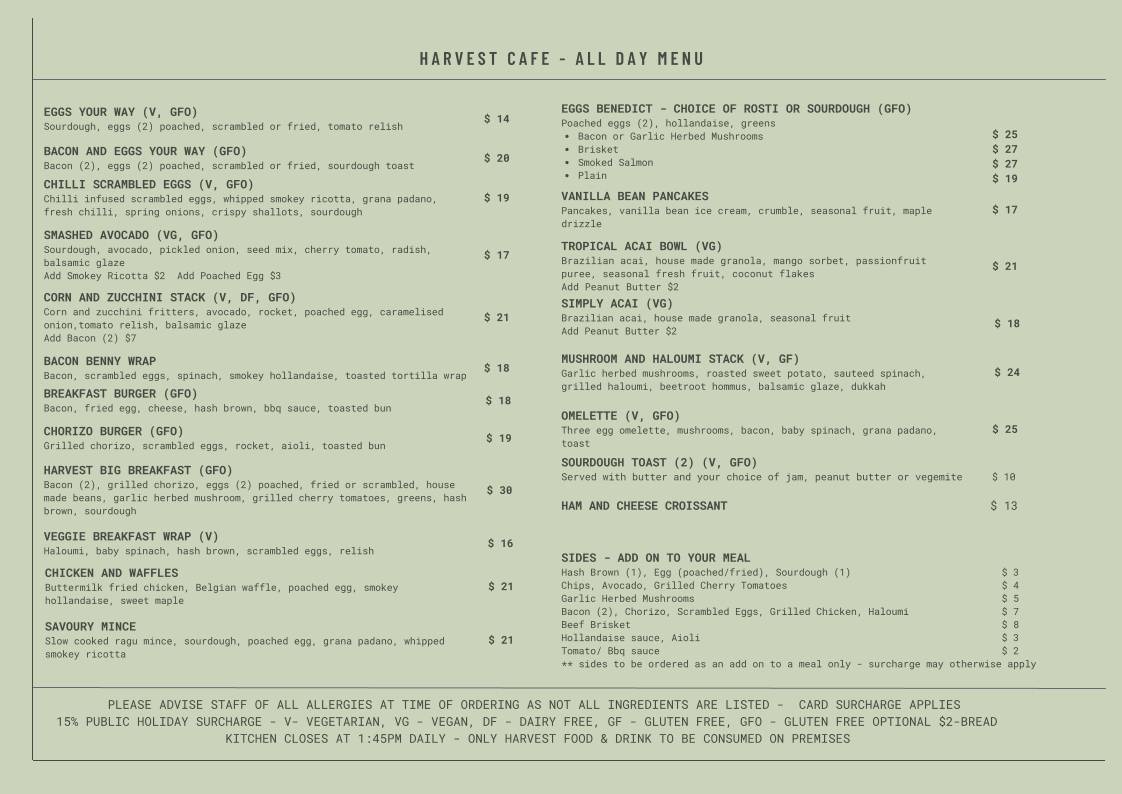 Menu at Harvest Cafe, Pimpama