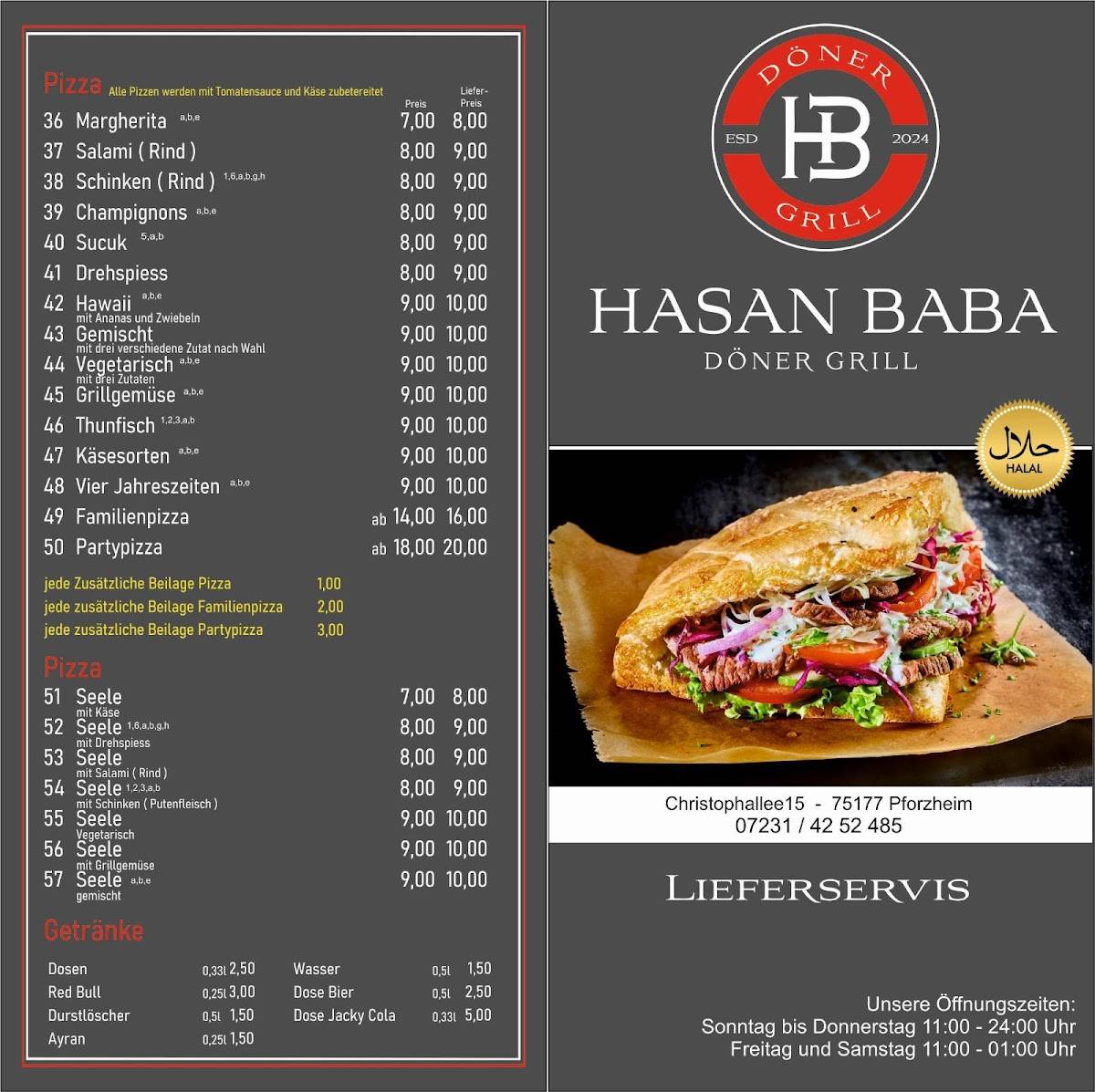 Speisekarte von Hasan Baba Döner Grill restaurant, Pforzheim