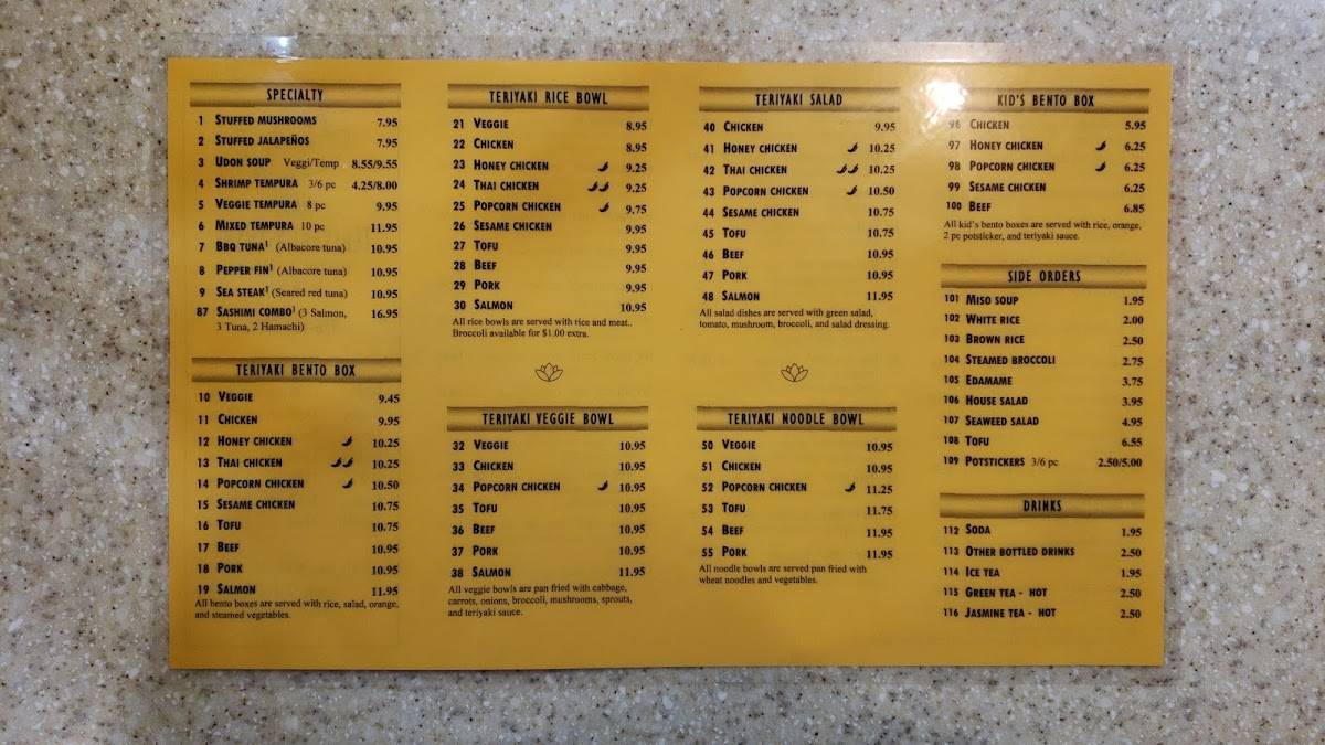 Menu at Hasu Teriyaki and Sushi restaurant, Folsom