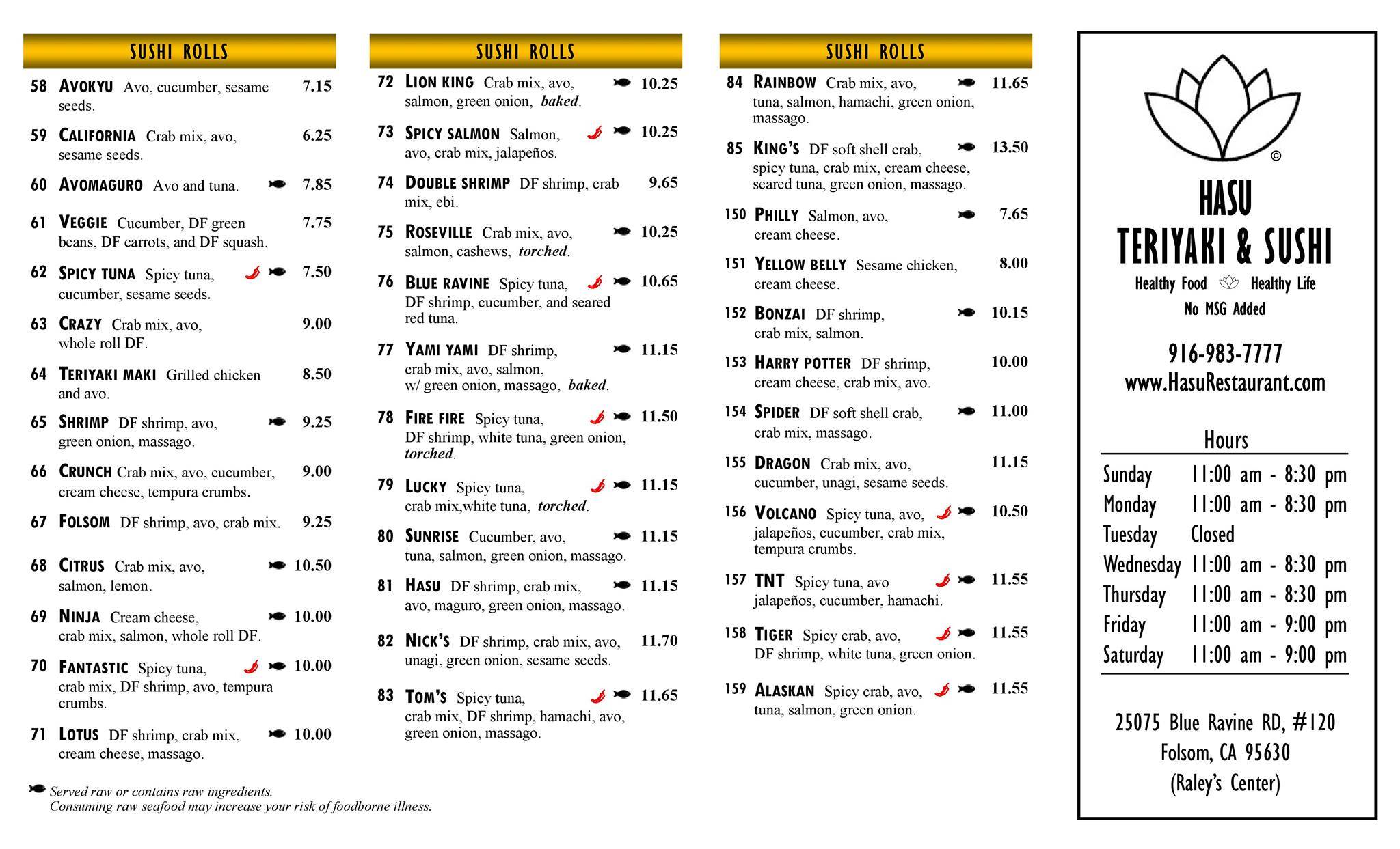 Menu at Hasu Teriyaki and Sushi restaurant, Folsom