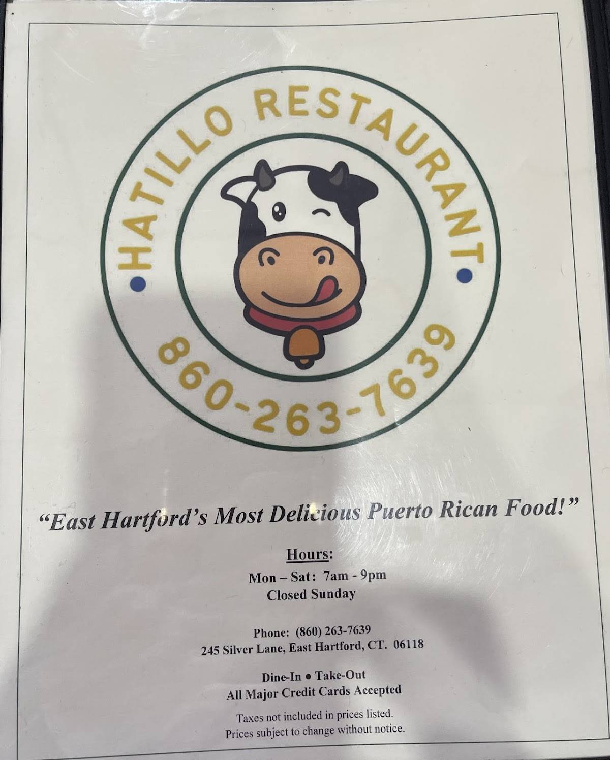 Menu at Hatillo Restaurant, East Hartford