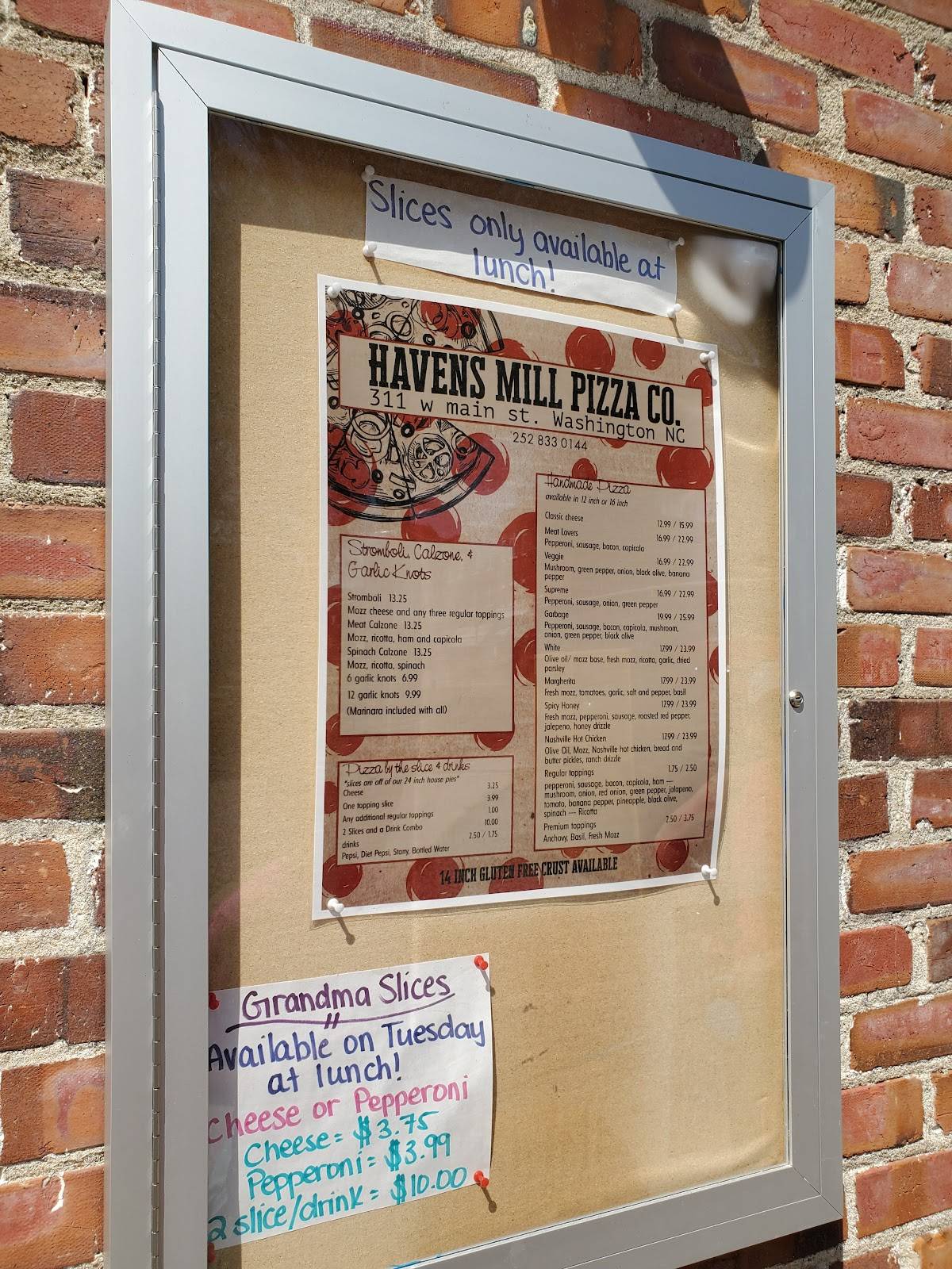 Menu at Havens Mill Pizza Company pizzeria, Washington