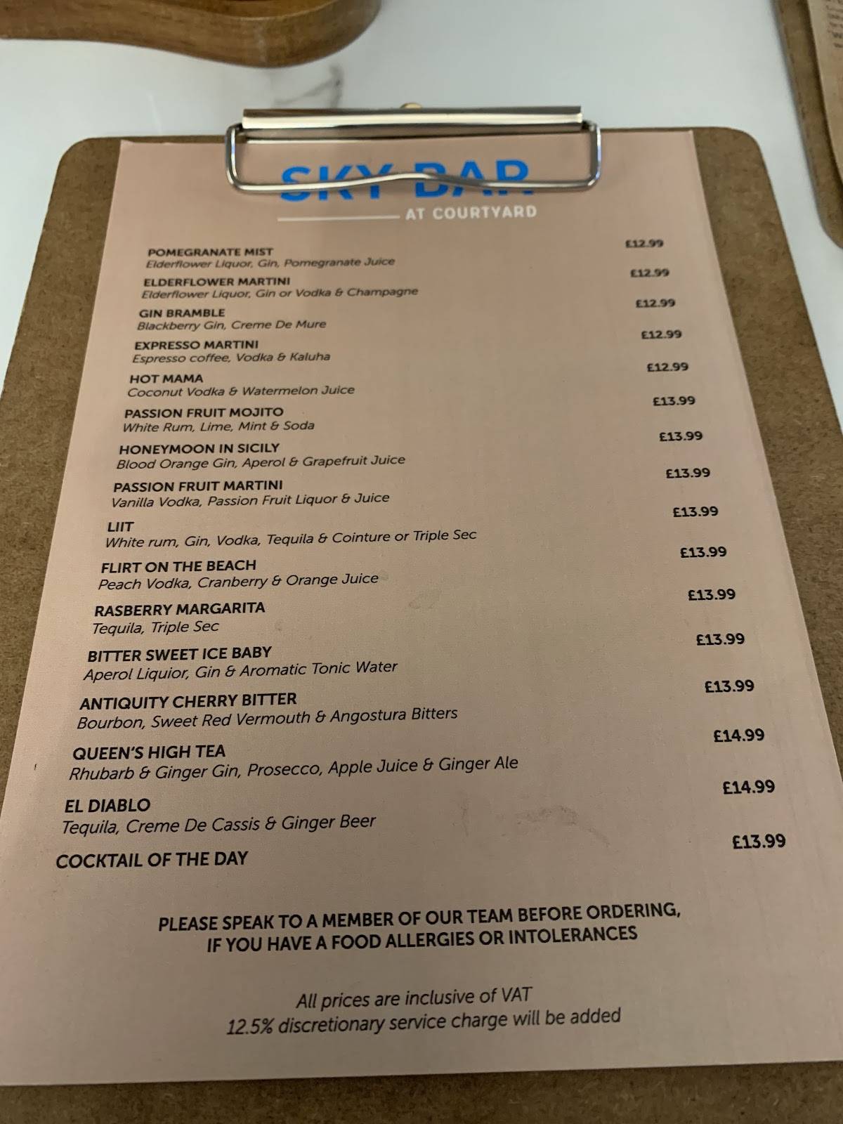 Menu at Sky Bar, Hayes, 1a Nobel Dr