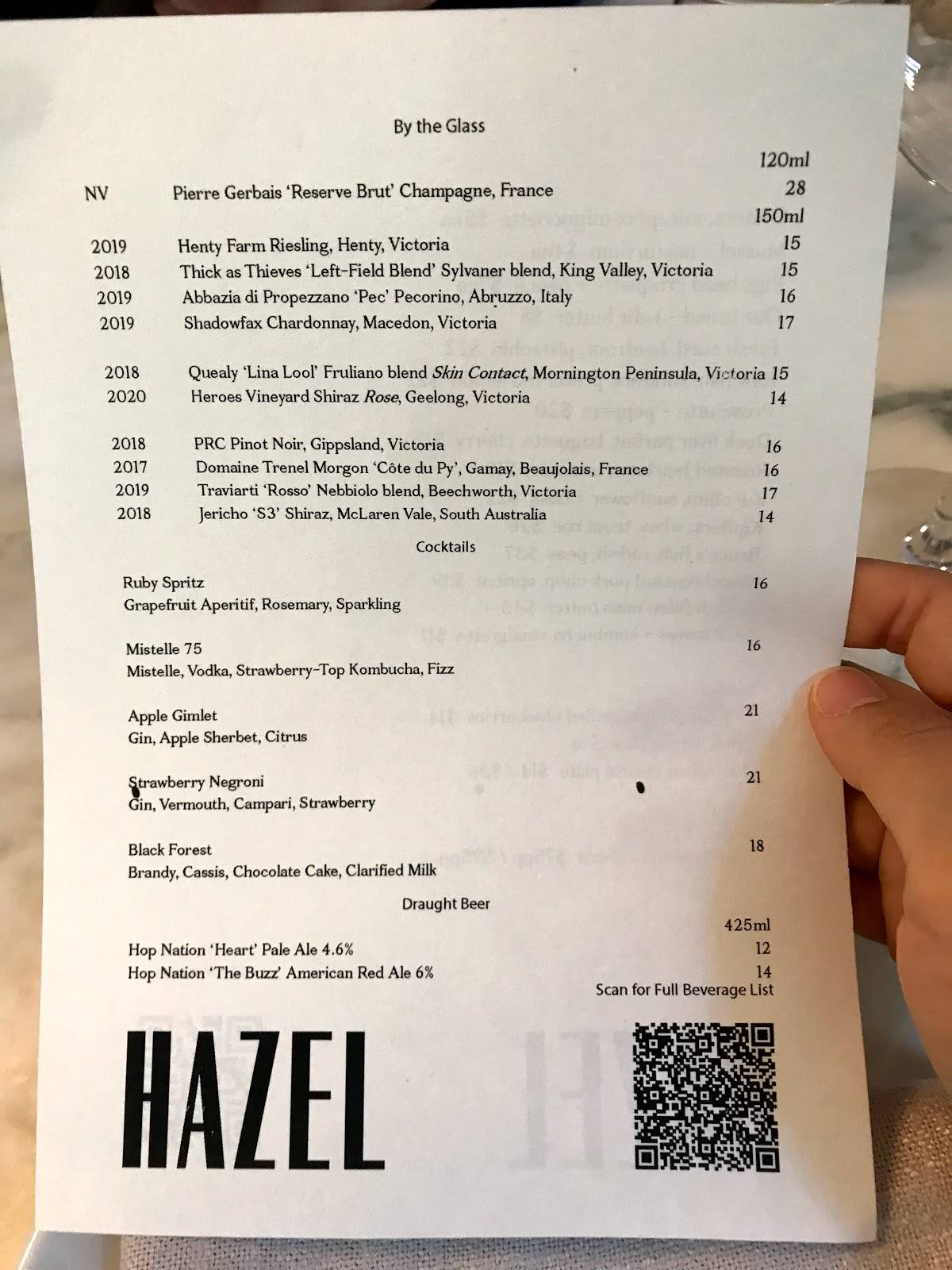 Menu at Hazel pub & bar, Melbourne