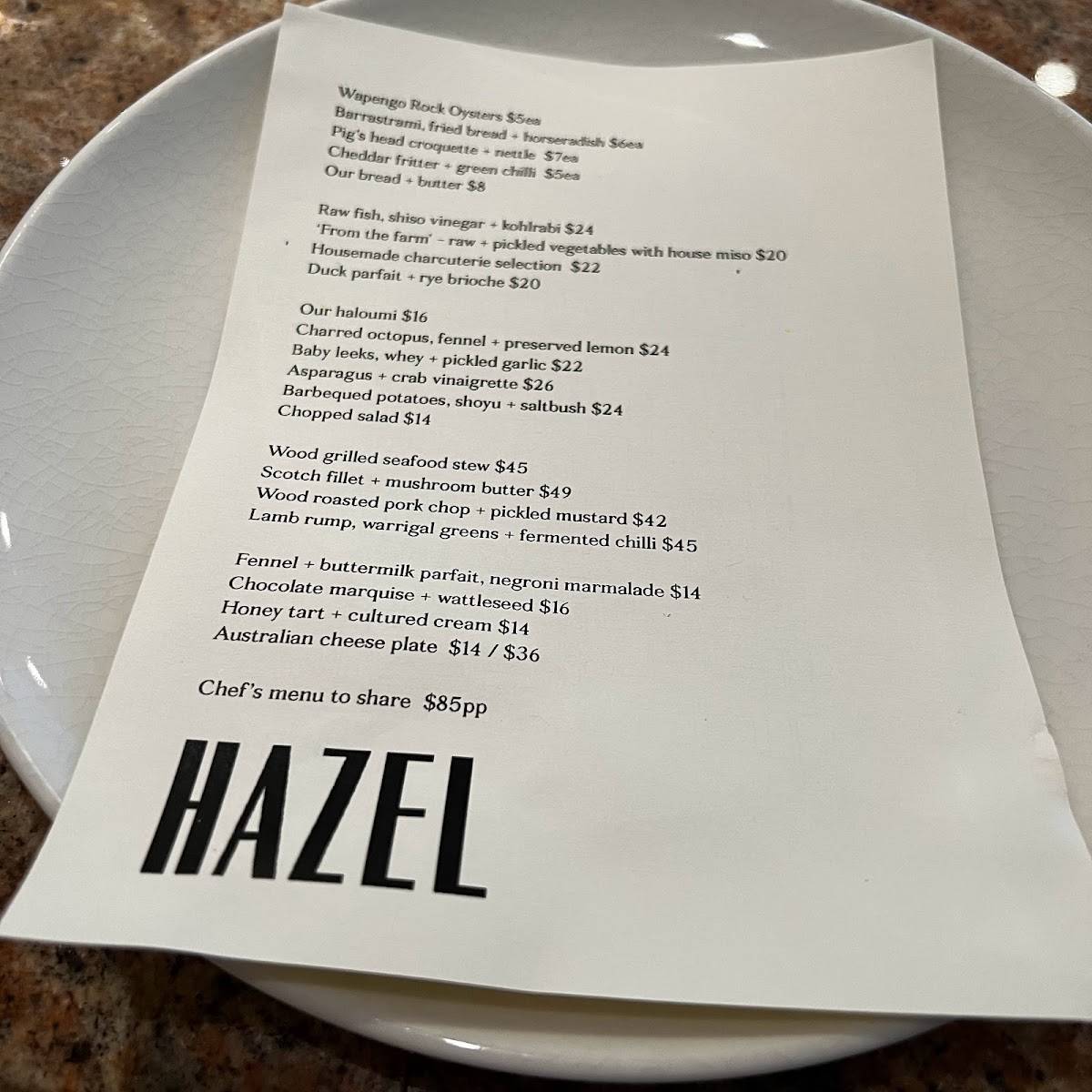 Menu at Hazel pub & bar, Melbourne