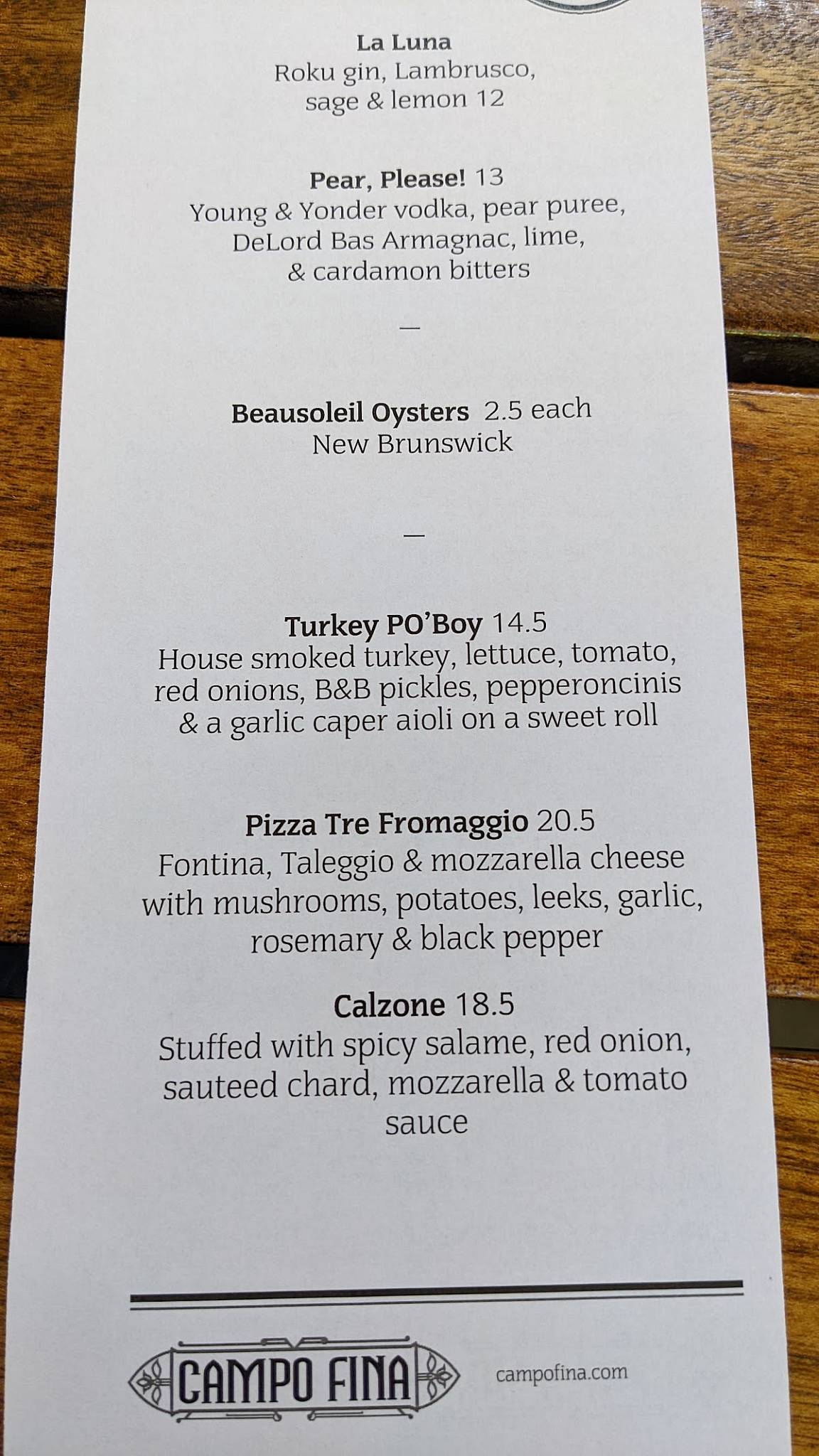 Menu at Campo Fina restaurant, Healdsburg
