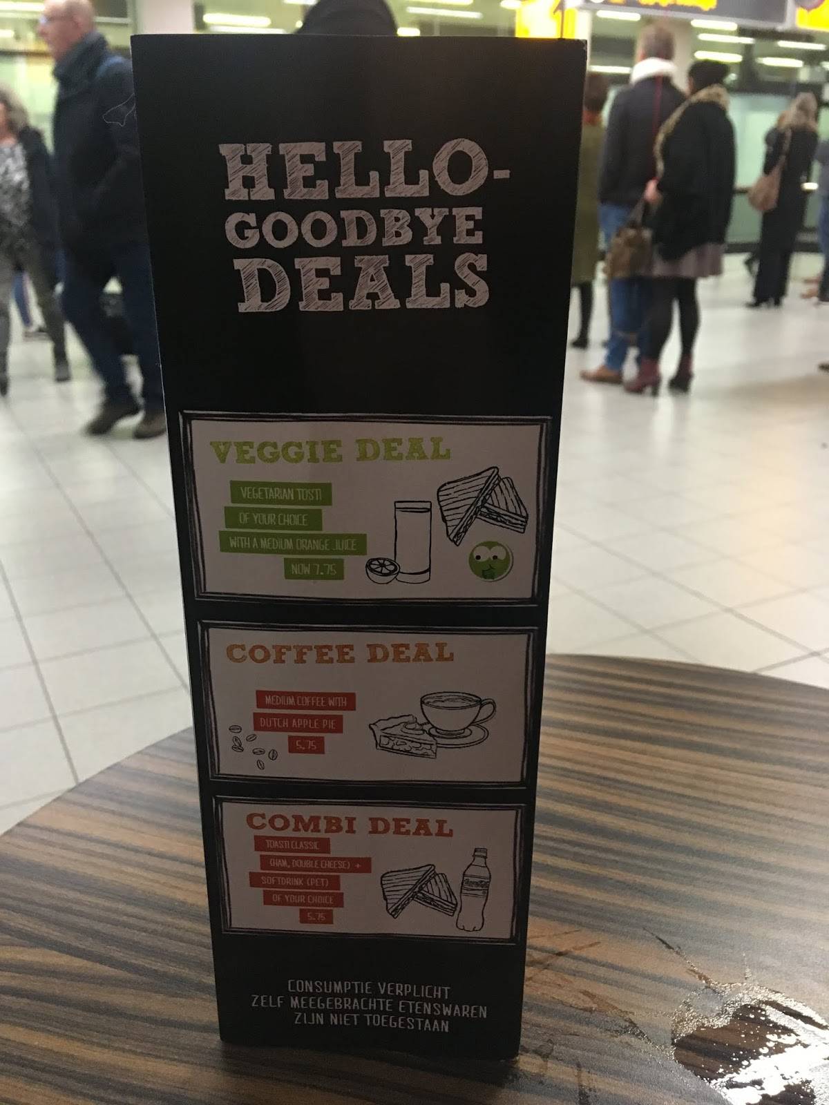 Menu at Hello Goodbye Bar, Schiphol