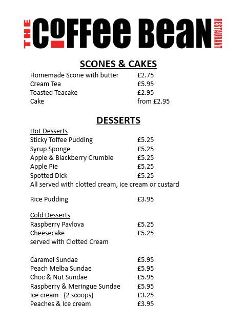 Menu at The Coffee Bean Restaurant, Helston