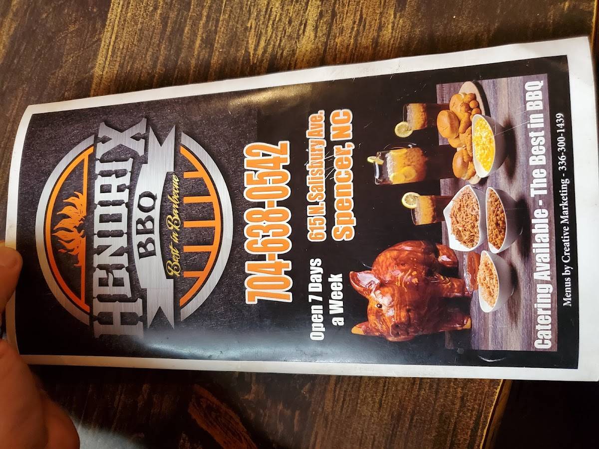 Menu at Hendrix Barbecue, Spencer, 615 Salisbury Ave