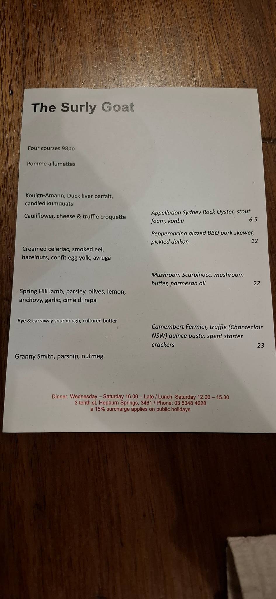 Menu at The Surly Goat restaurant, Hepburn Springs