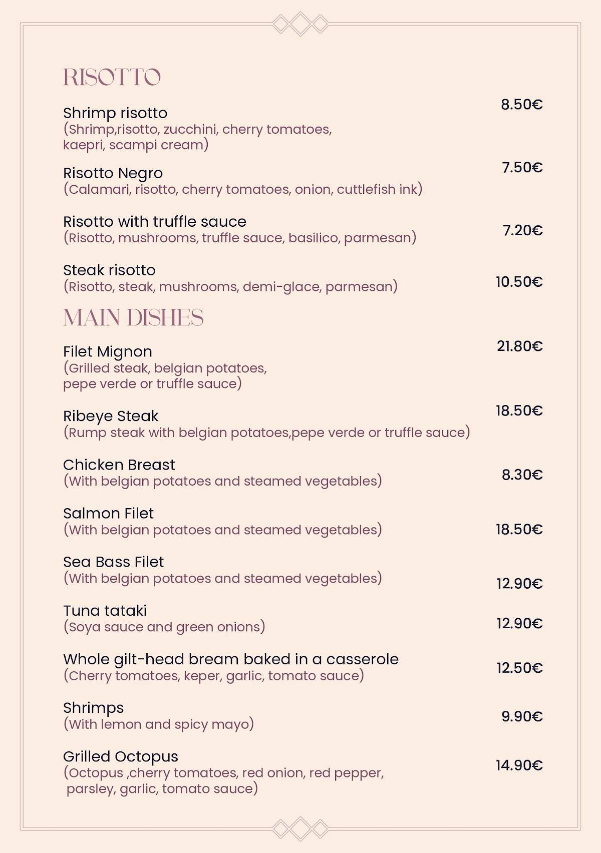 Menu at Hera Rooftop restaurant, Prishtina