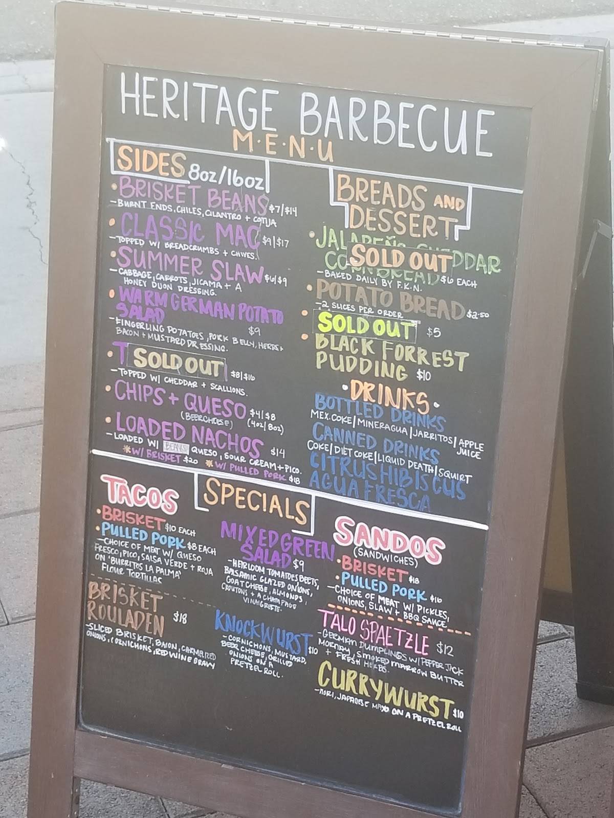 Menu at Heritage Barbecue, San Juan Capistrano