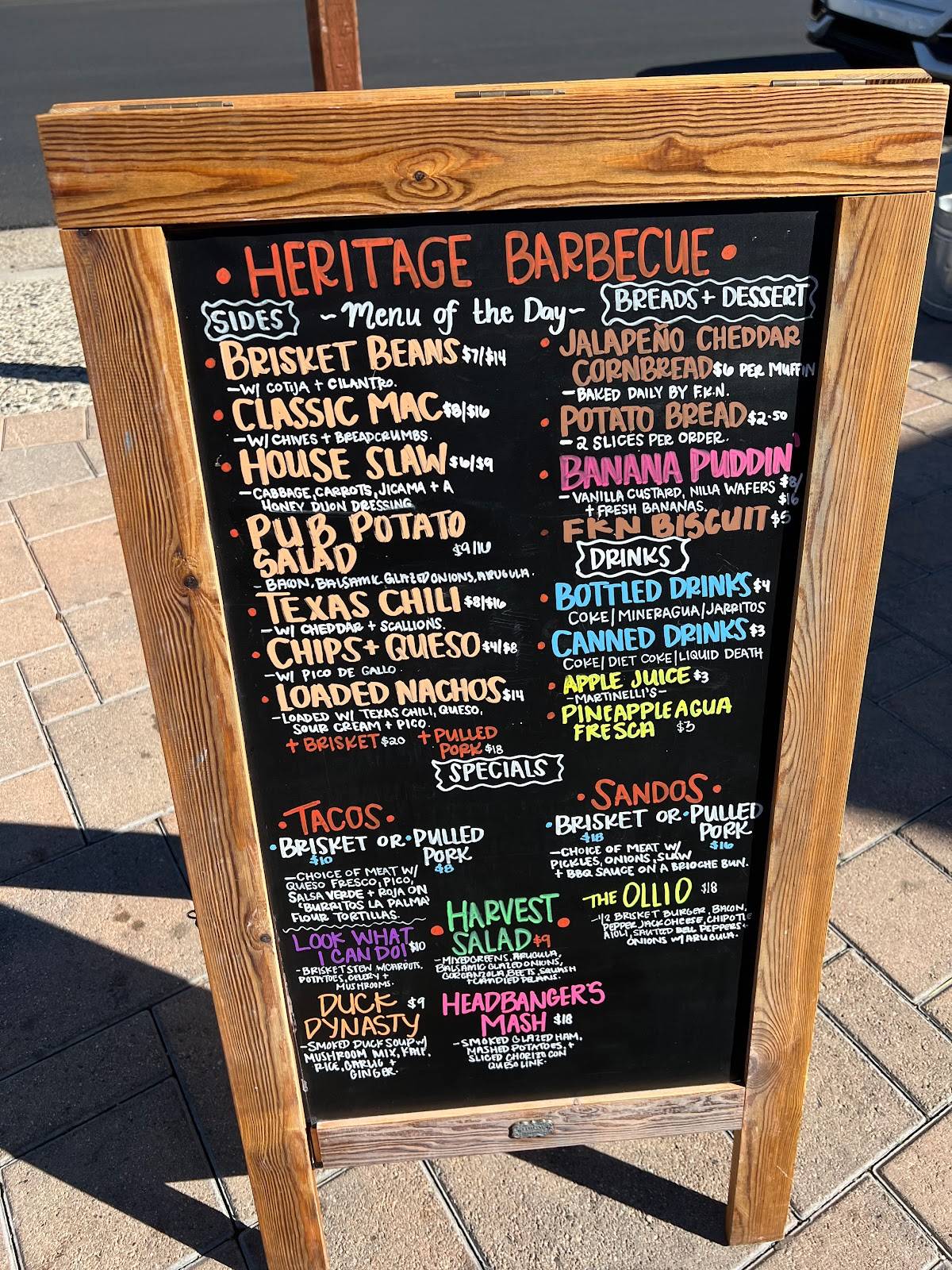Menu at Heritage Barbecue, San Juan Capistrano