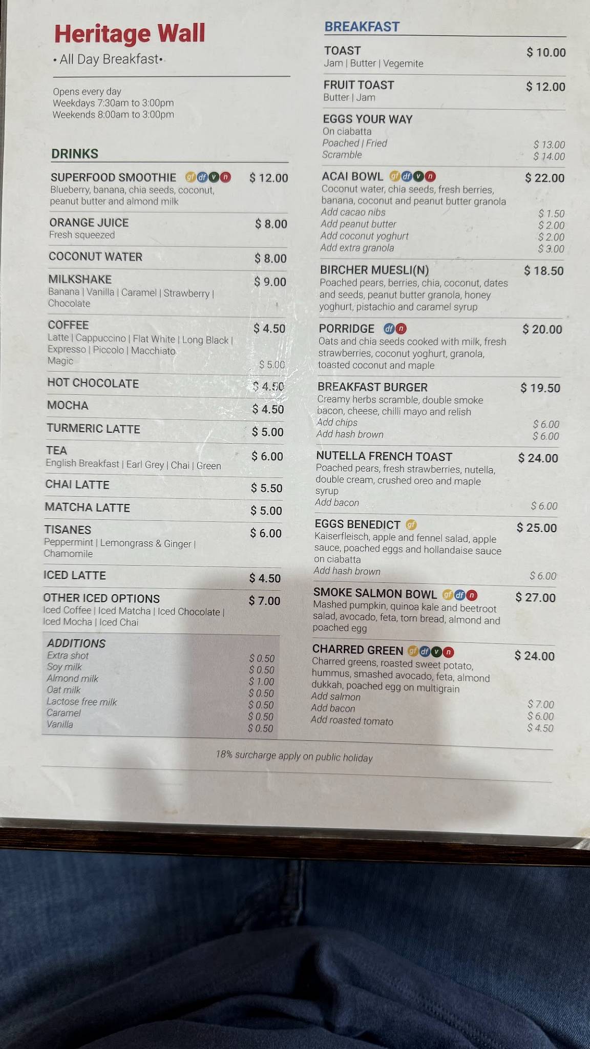 Menu at Heritage Wall pub & bar, Camberwell