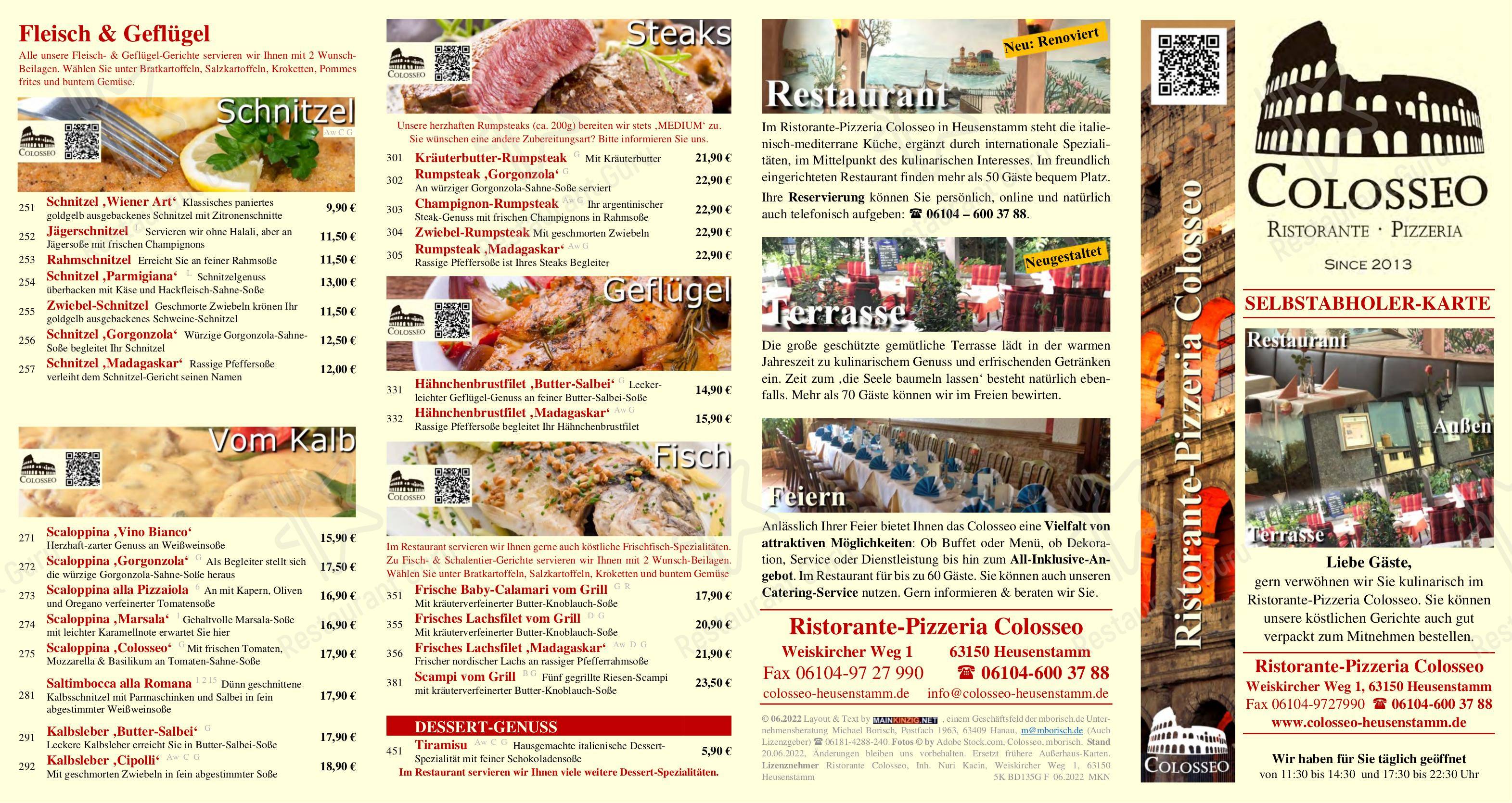 Speisekarte von Restaurant Pizzeria Colosseo, Heusenstamm