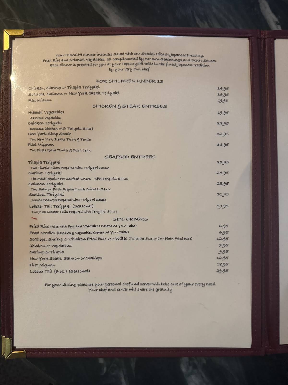 Menu at Hibachi restaurant, Springfield, 145-147 S State Rd