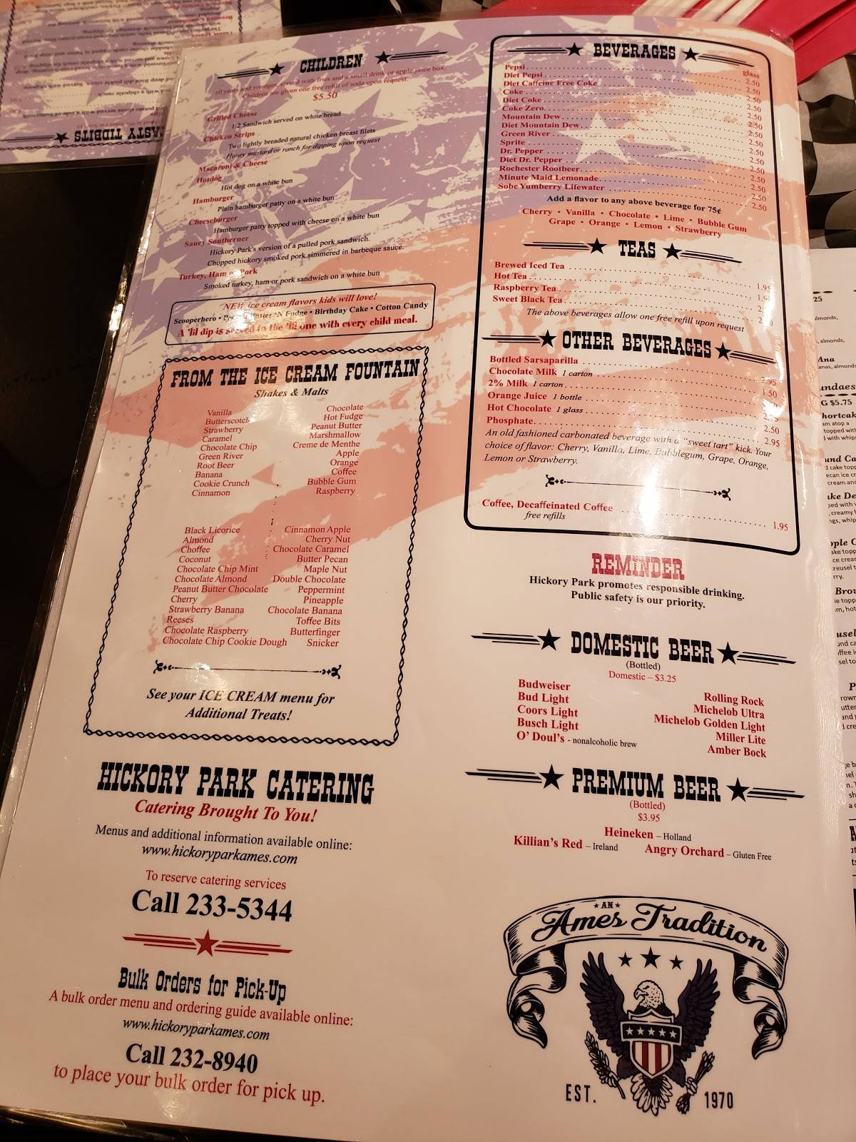 Menu at Hickory Park restaurant, Ames