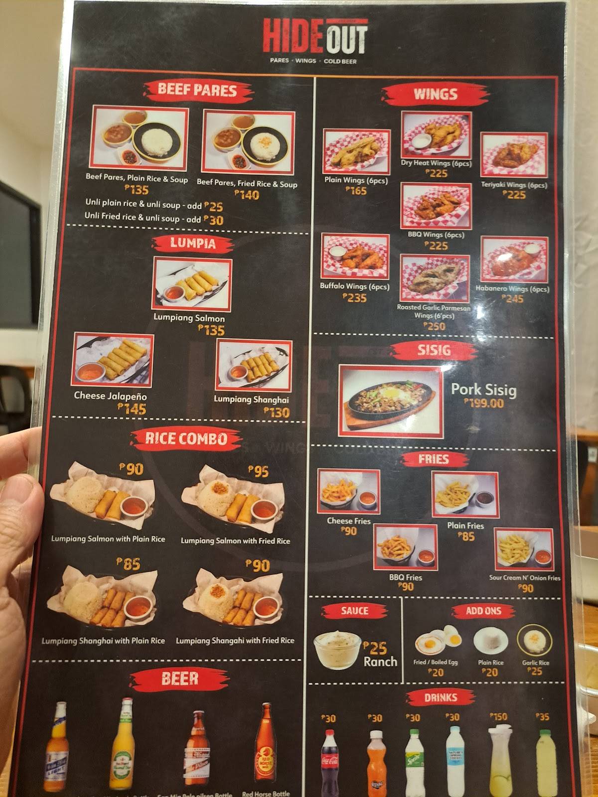 Menu at Hideout - Chicken Wings, Beef Pares & Below Zero Beer pub & bar ...
