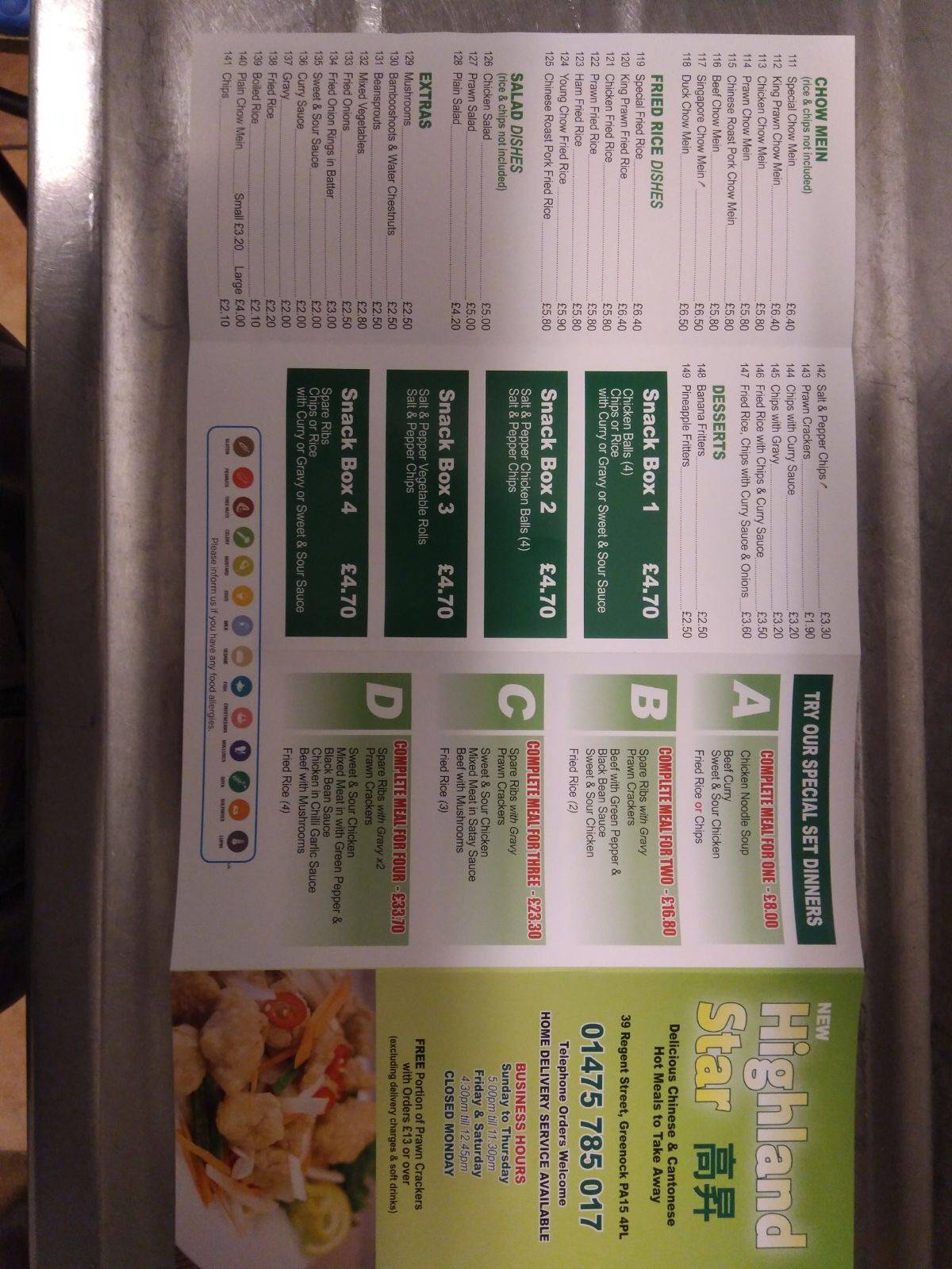 Menu at Highland Star Chinese Take Away fast food, Greenock