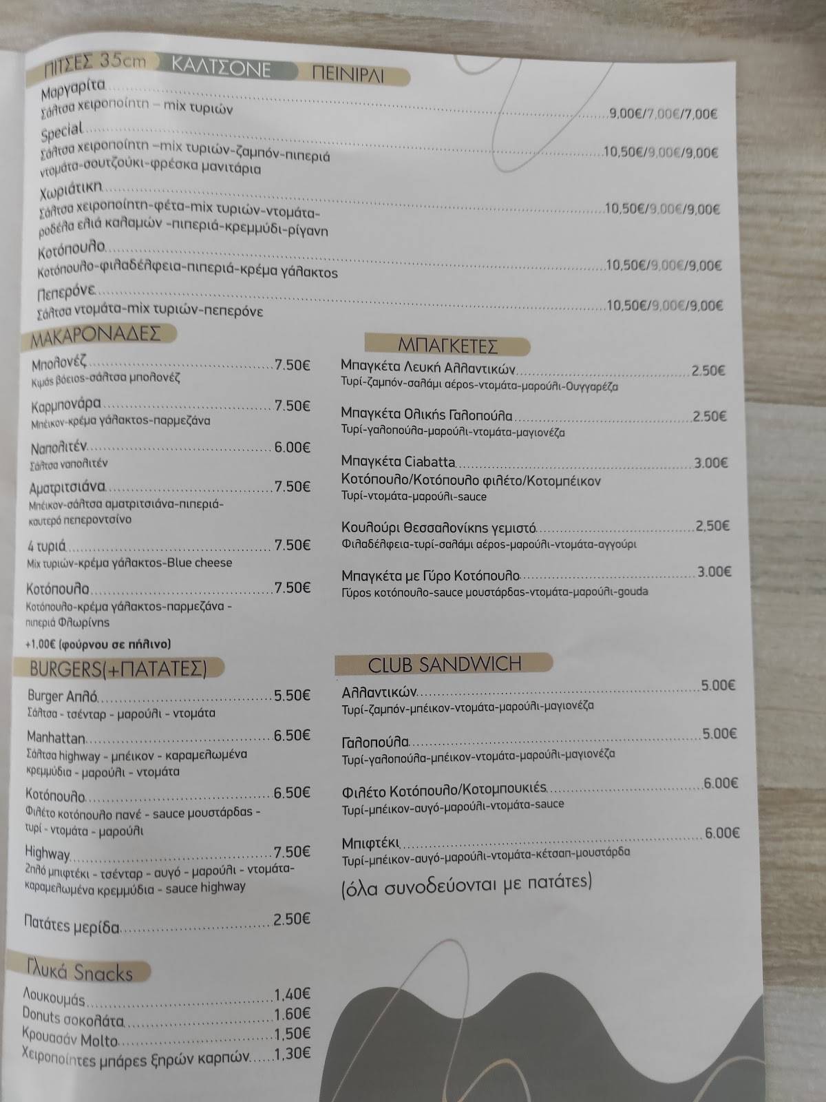 Menu at Highway, Oinofyta