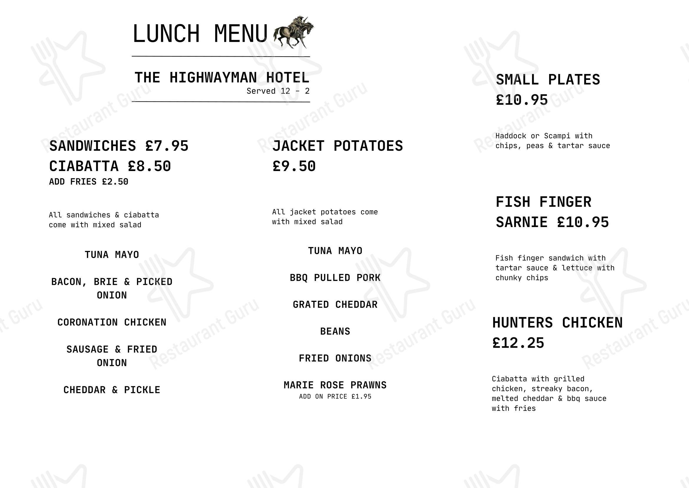 Menu at Highwayman Hotel pub & bar, Kidlington