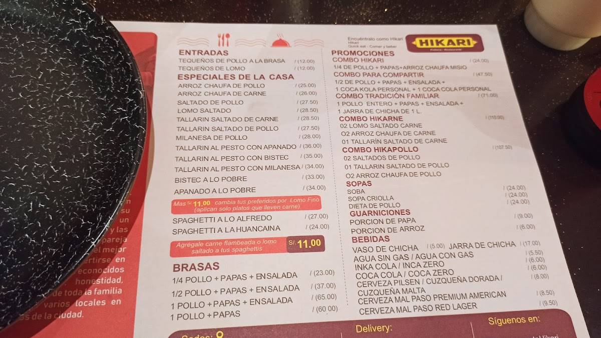 Carta del restaurante Hikari San Miguel, San Miguel, Av. La Mar 2339